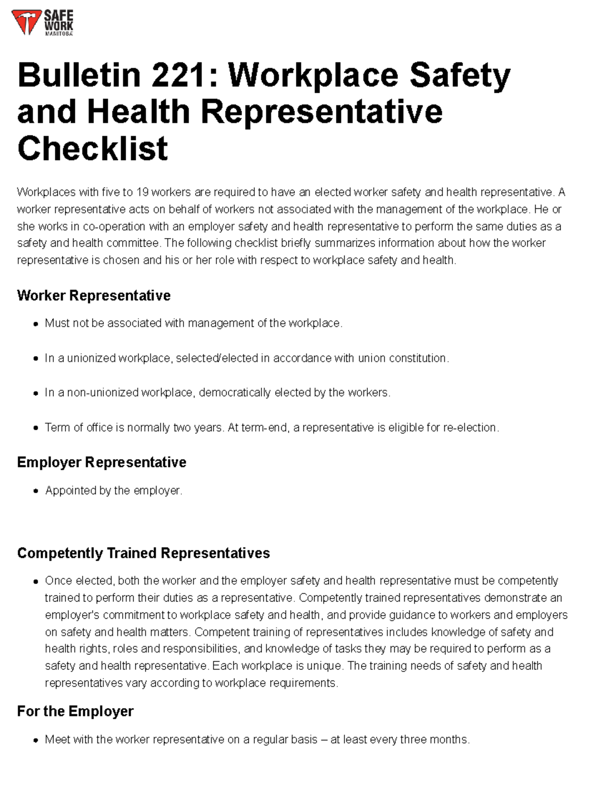 Bulletin 221 Workplace Safety and Health Representative Checklist SAFE ...