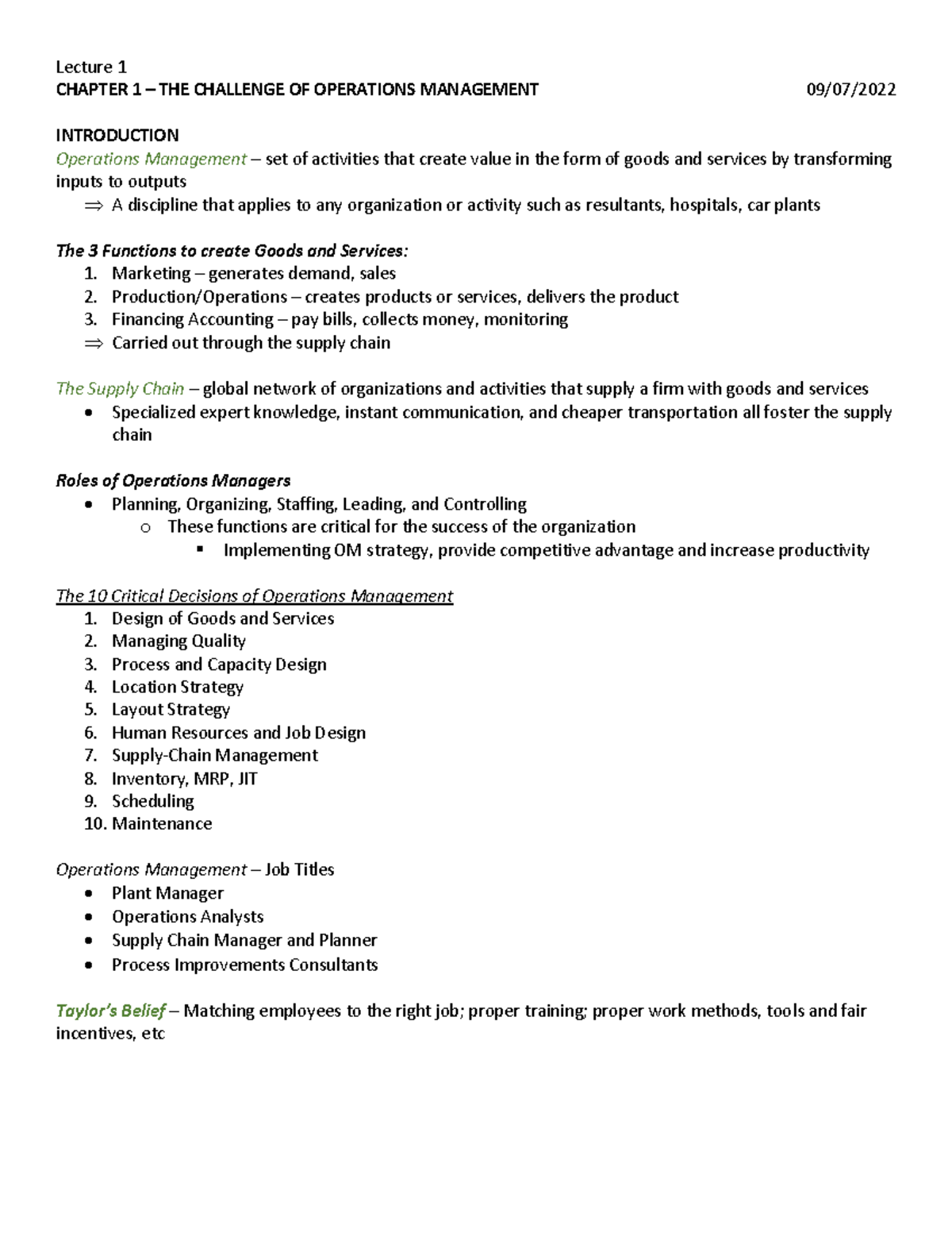 Lecture 1 Lec1chap1 Lecture 1 Chapter 1 The Challenge Of Operations Management 0907