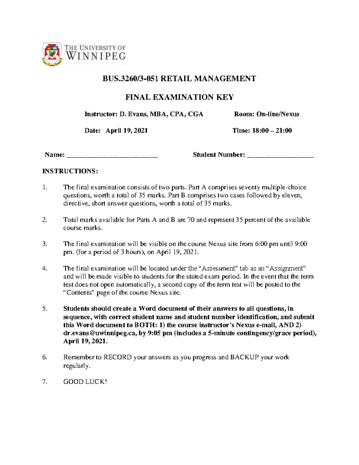 BUS-3260 practice final exam - BUS/3-051 RETAIL MANAGEMENT FINAL ...