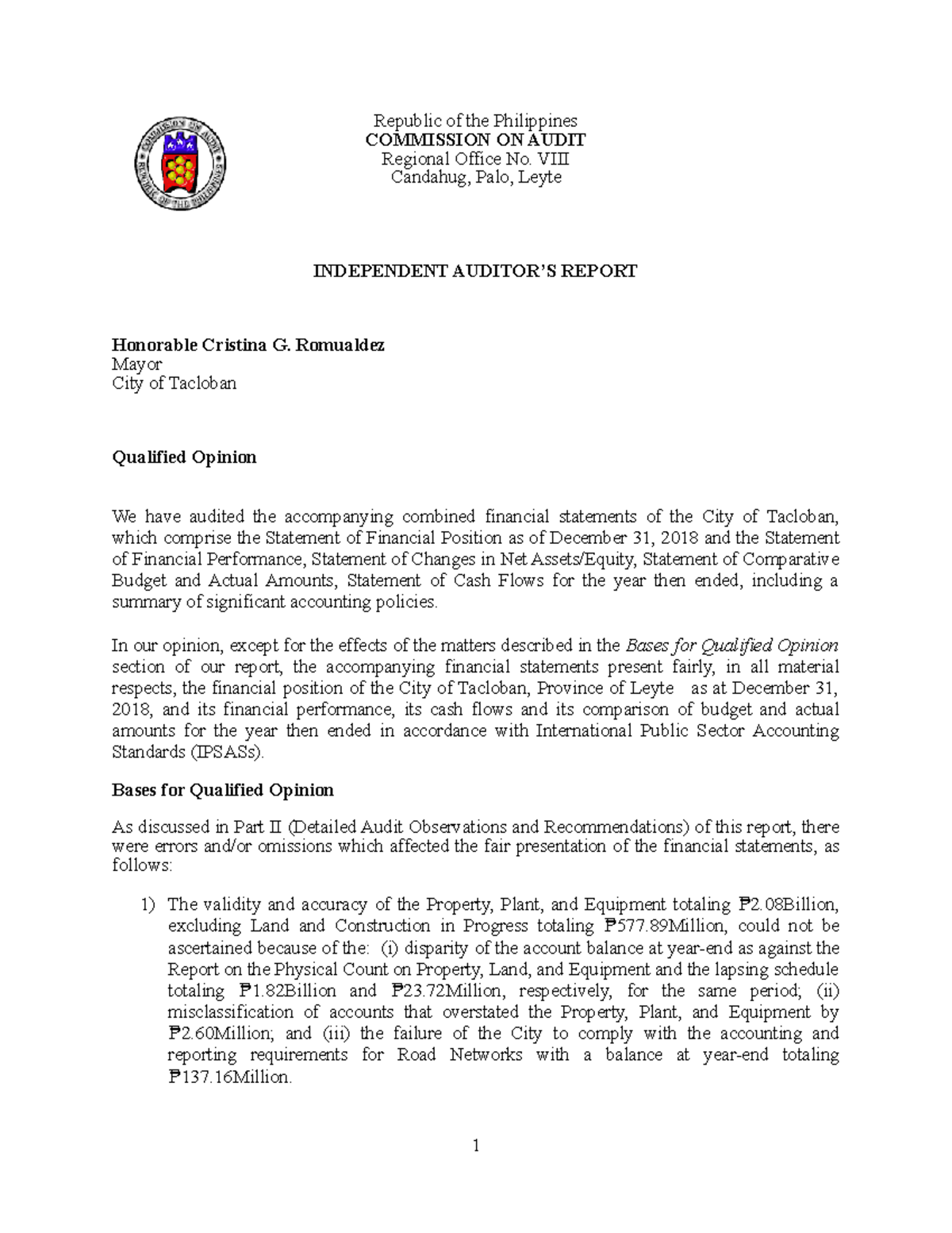 05-Tacloban City 2018 Part1-Auditor's Report - Republic of the ...