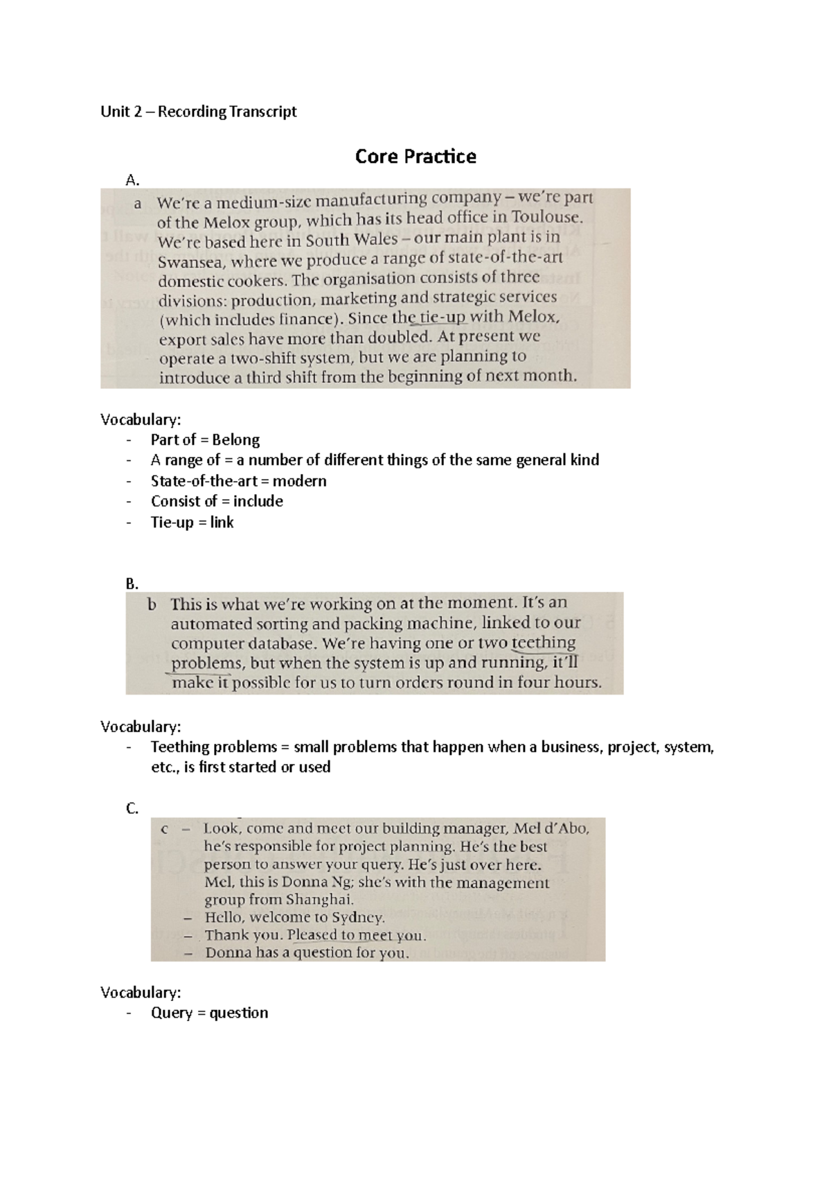 Unit 2 - Recording Transcript - Unit 2 – Recording Transcript Core ...