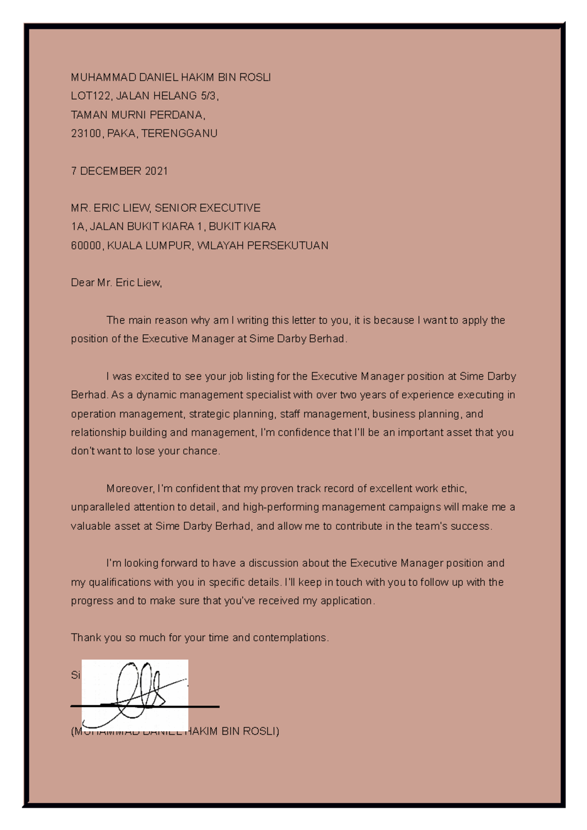 ASM CASE Study Cover Letter - MUHAMMAD DANIEL HAKIM BIN ROSLI LOT122 ...