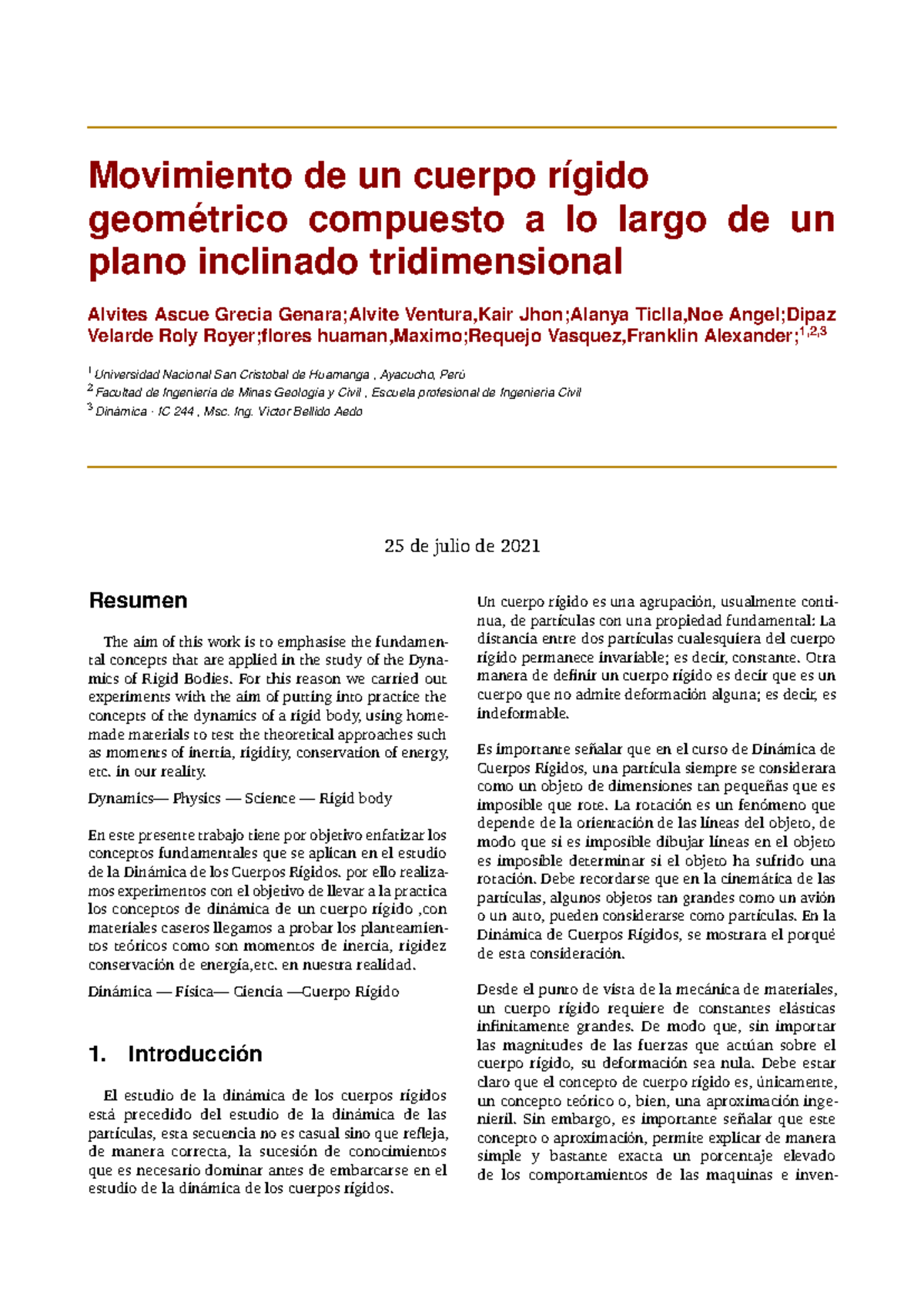 Trabajo semestral - Movimiento de un cuerpo r ́ıgido geom ́etrico ...