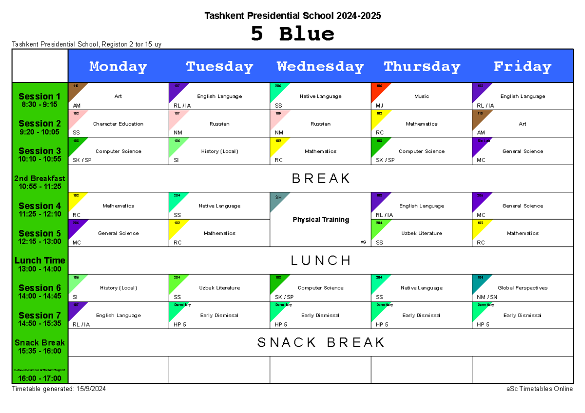 TPS 2024-2025 Students' Timetable v3 - 5 Blue B R E A K L U N C H S N A ...