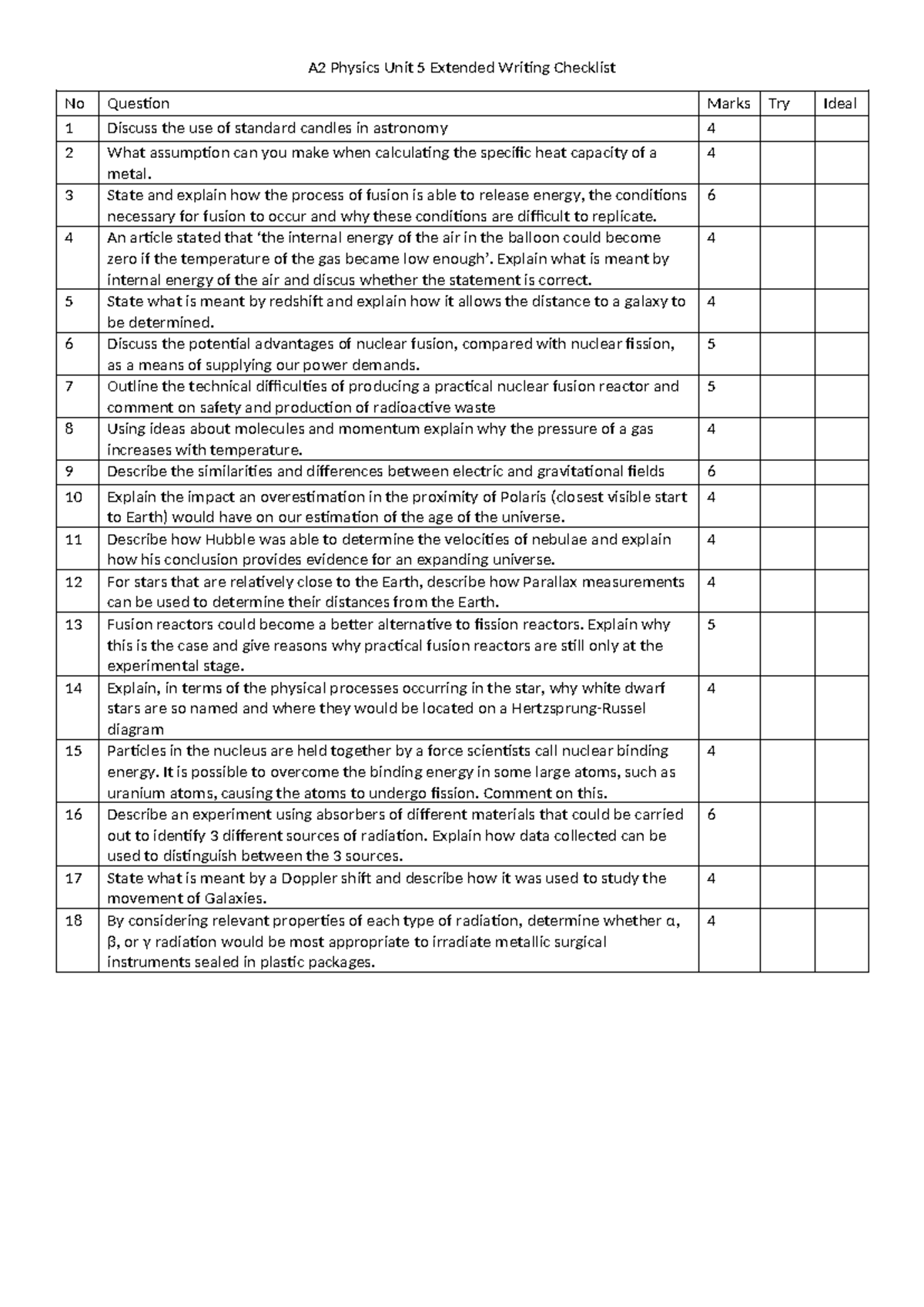 A2 Physics Unit 5 Extended Writing Checklist - 4 3 State and explain ...