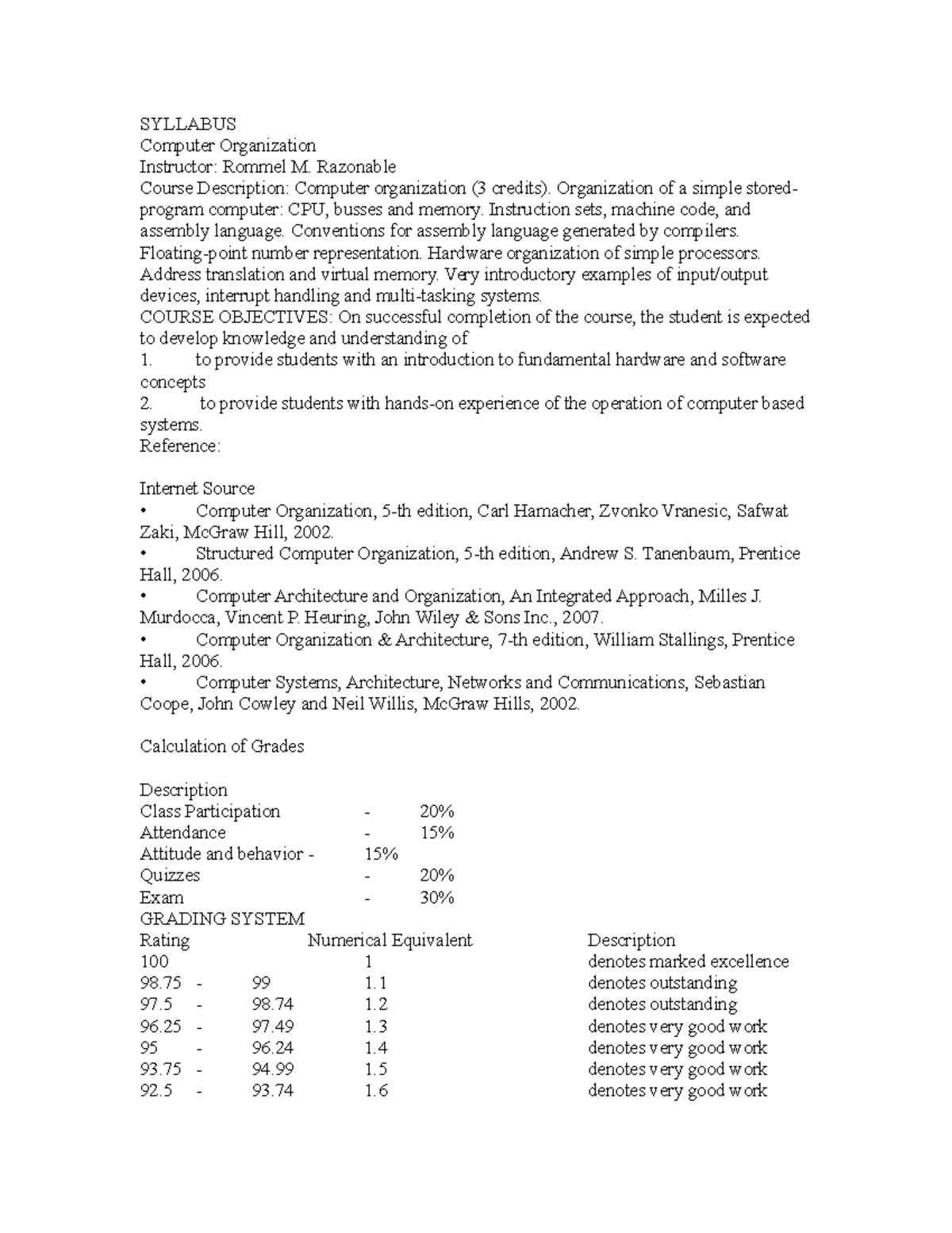 Pdfcoffee - stuff - SYLLABUS Computer Organization Instructor: Rommel M. Razonable Course - Studocu