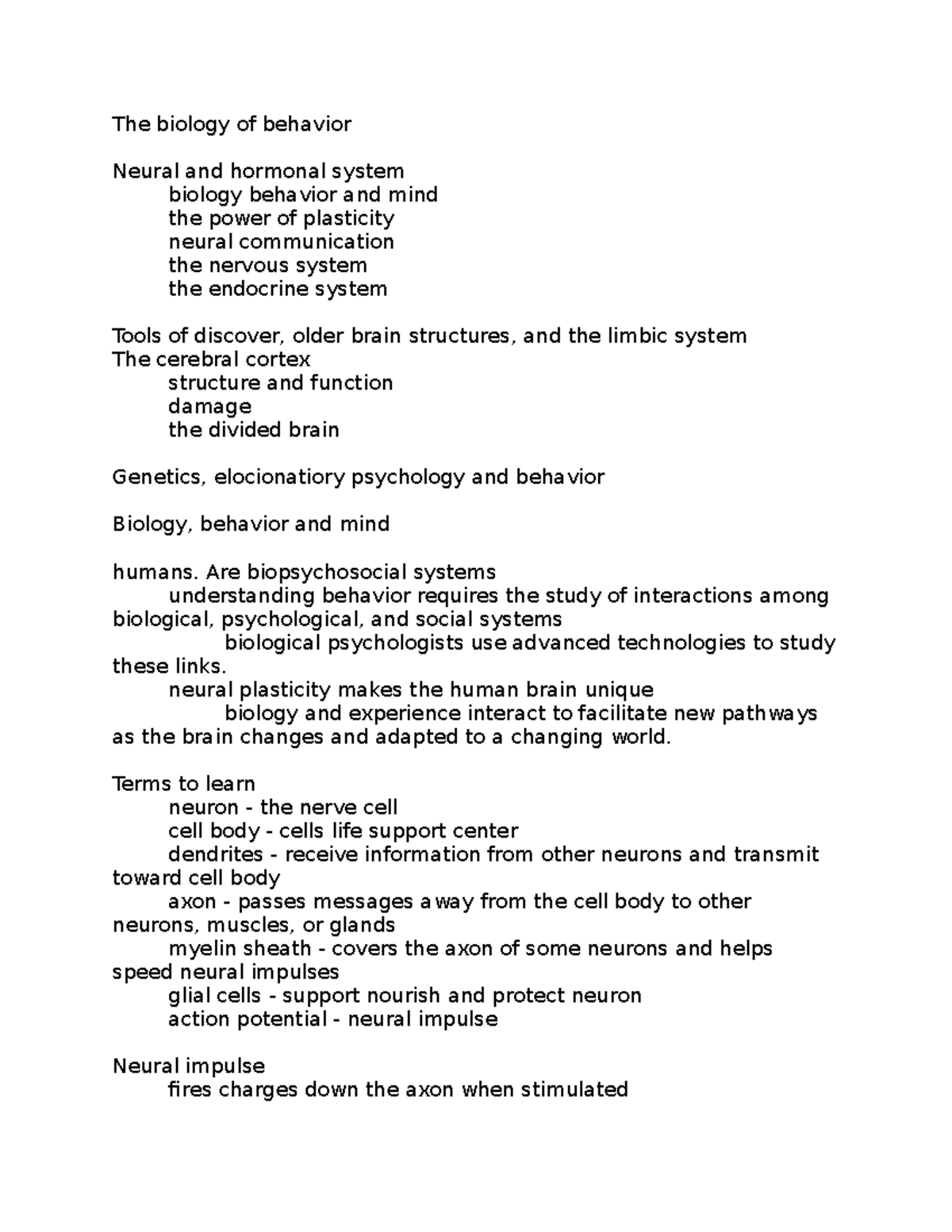 Biology of behavior - psych - The biology of behavior Neural and ...