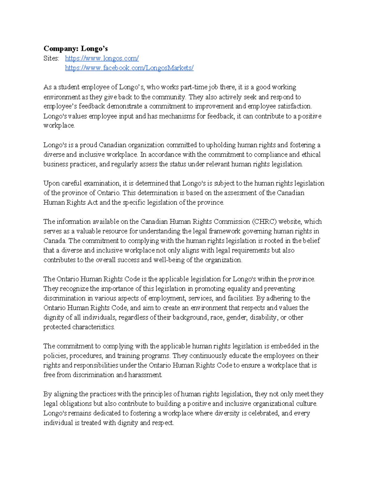 LGST369 Assignment 5 - Company: Longo’s Sites: longos/ facebook ...