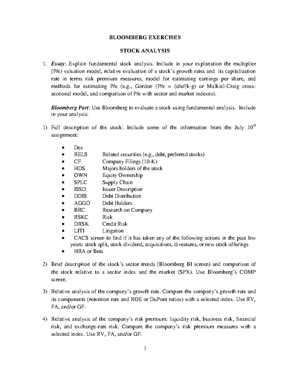 Bloomberg-Exercises Johnson - BLOOMBERG EXERCISES STOCK ANALYSIS 1 ...