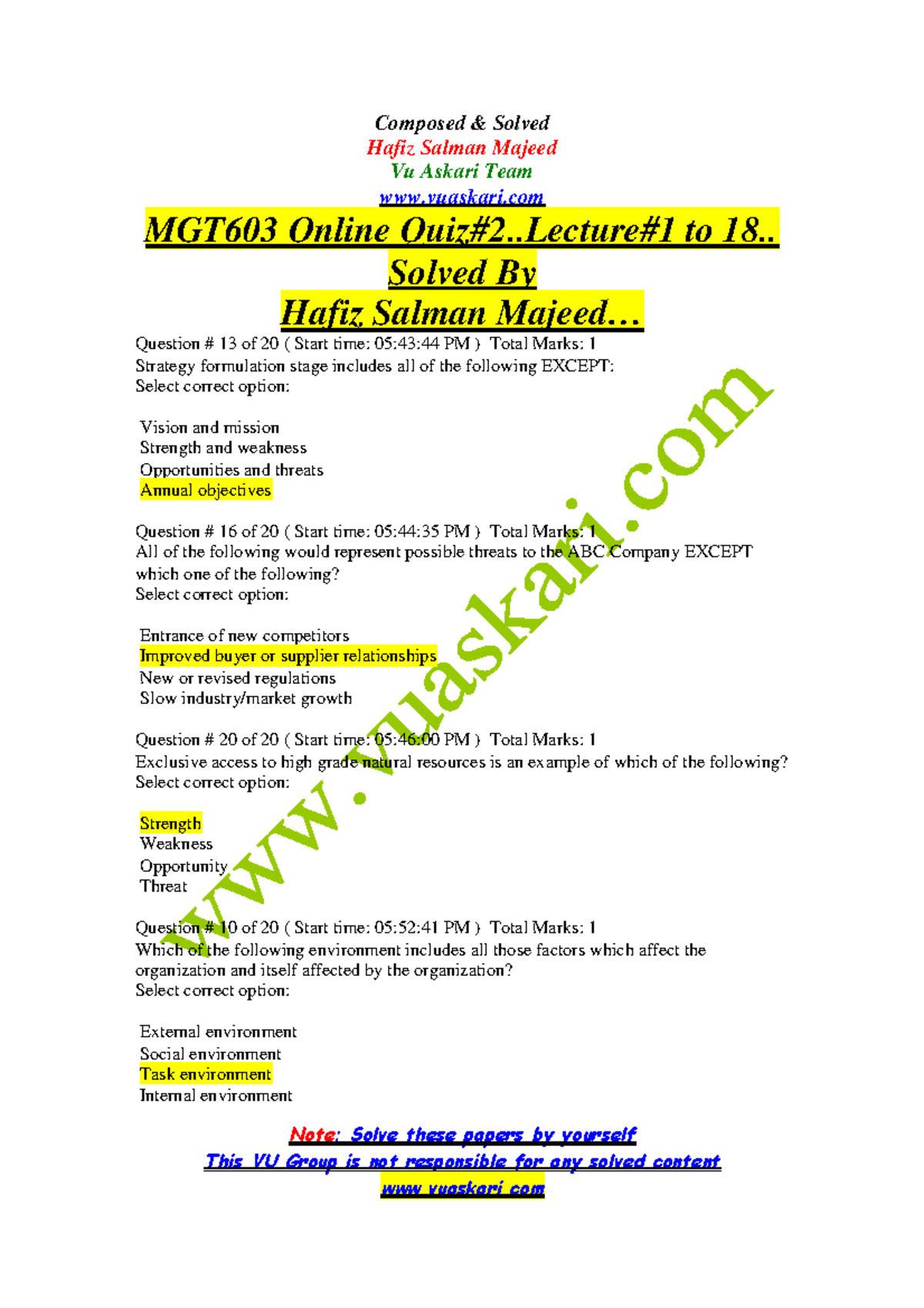 MGT603-Mid Term-Quiz2 Lecture 1to18 Solved Hafiz Salman Majeed - Hafiz ...