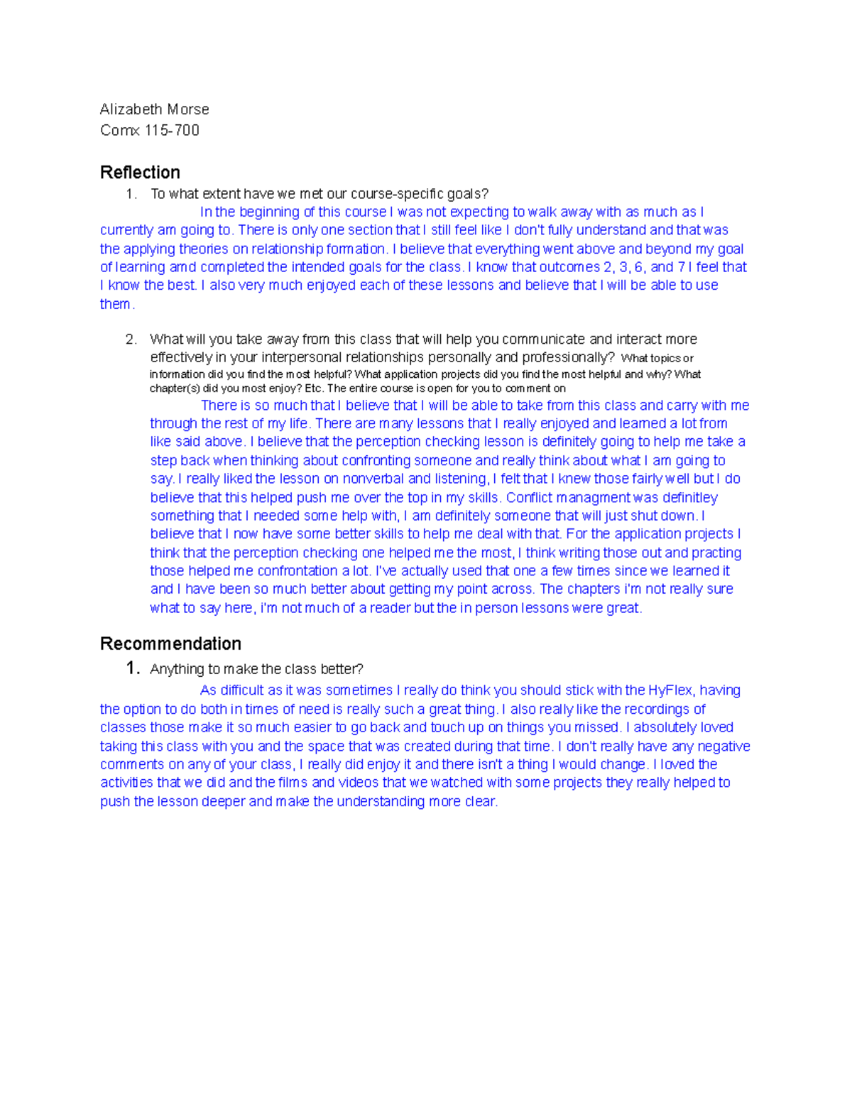 Interpersonal Communication Reflection - Alizabeth Morse Comx 115 ...