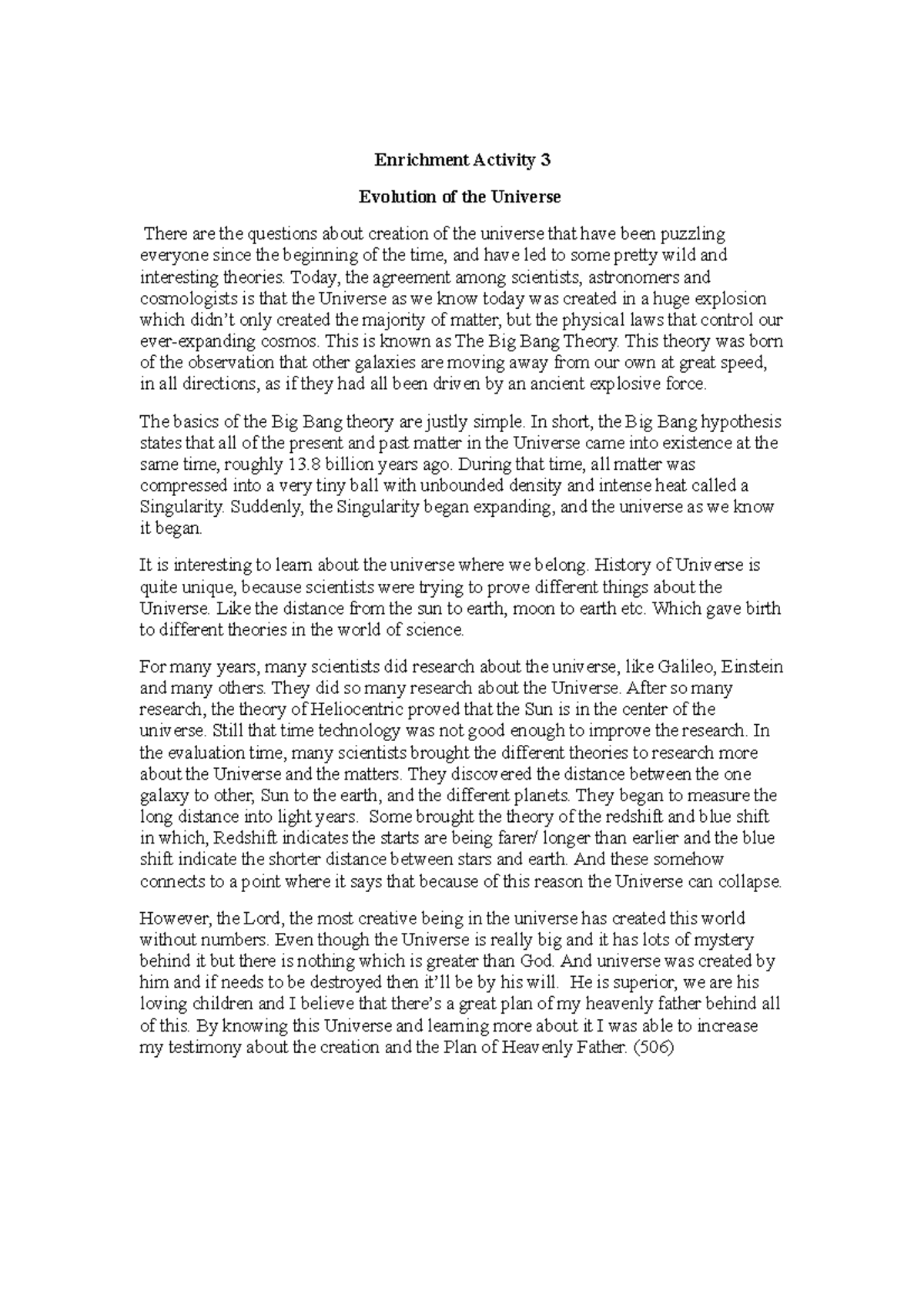 Enrichment Activity 3 Fdsci redone - Enrichment Activity 3 Evolution of ...