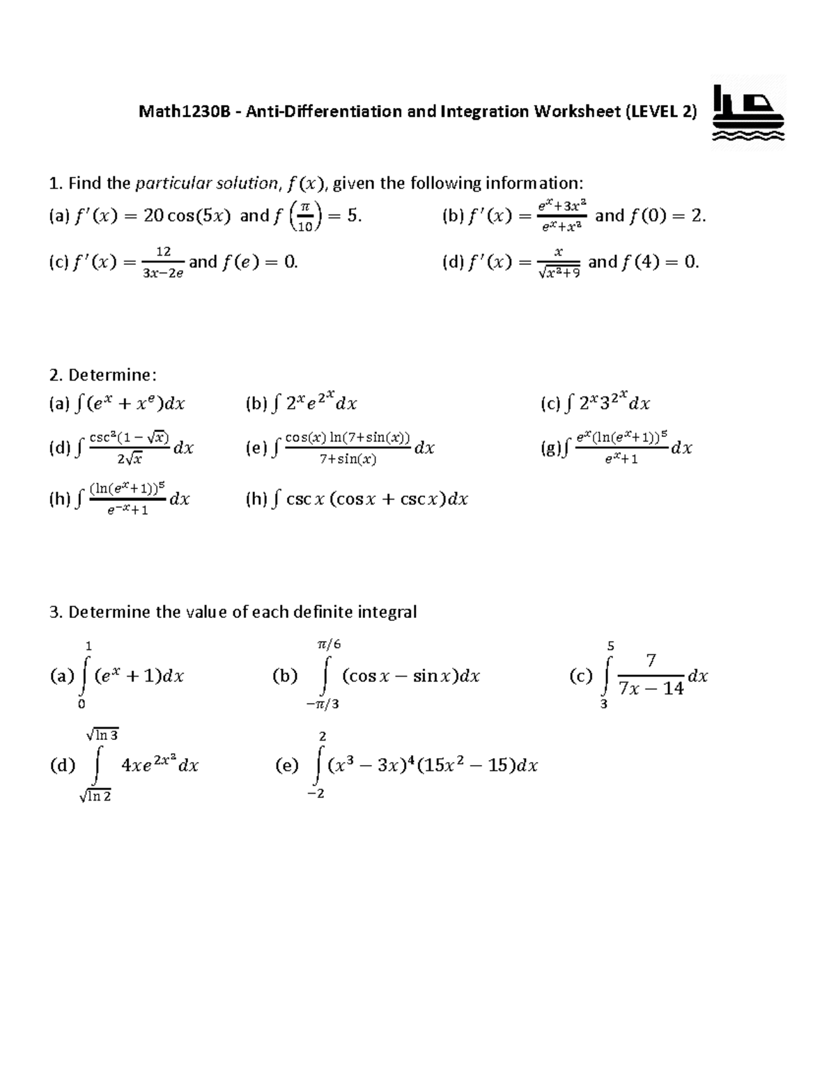 Math1230B integration Level 2 worksheet - Math1230B - Anti ...