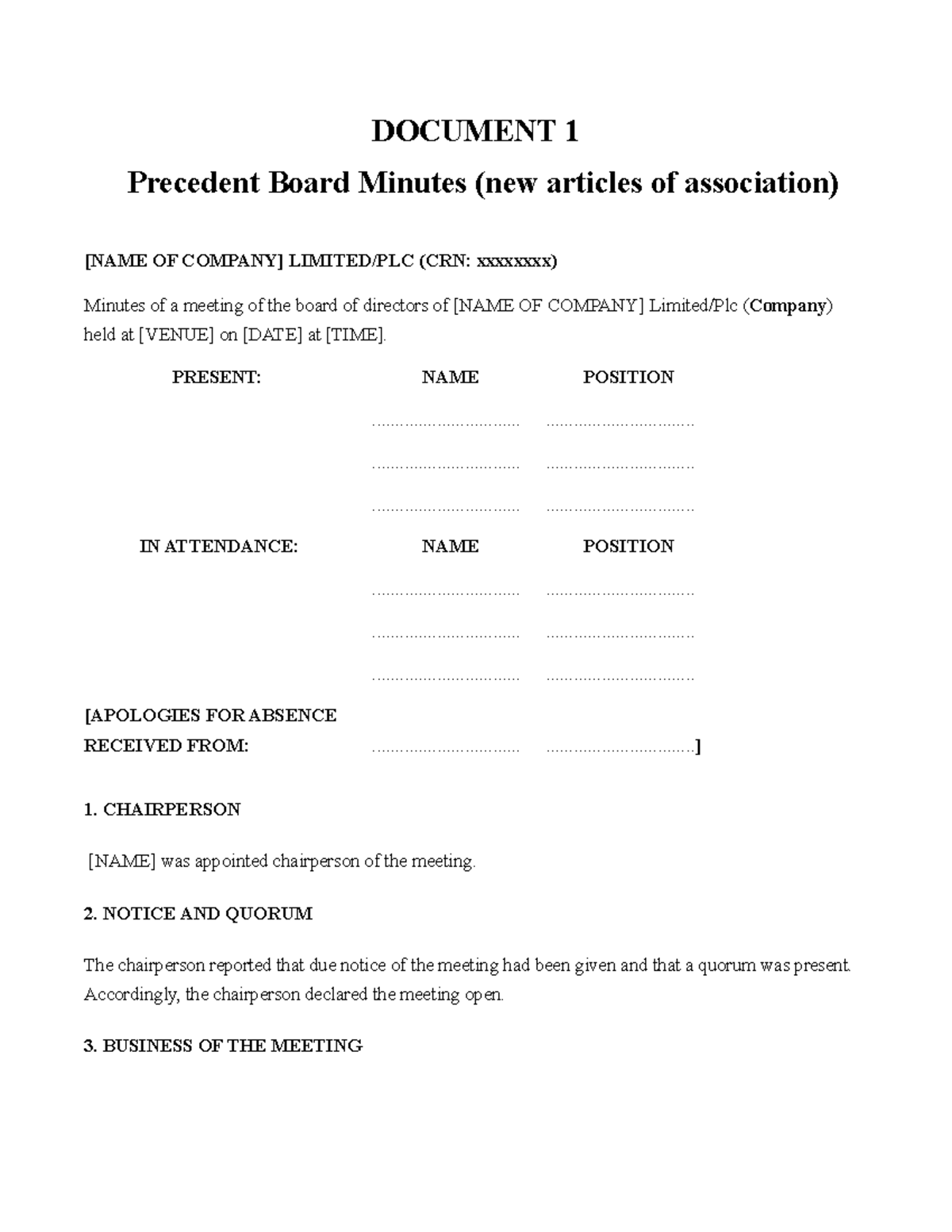 Workshop 7 - Drafting Documents - DOCUMENT 1 Precedent Board Minutes ...