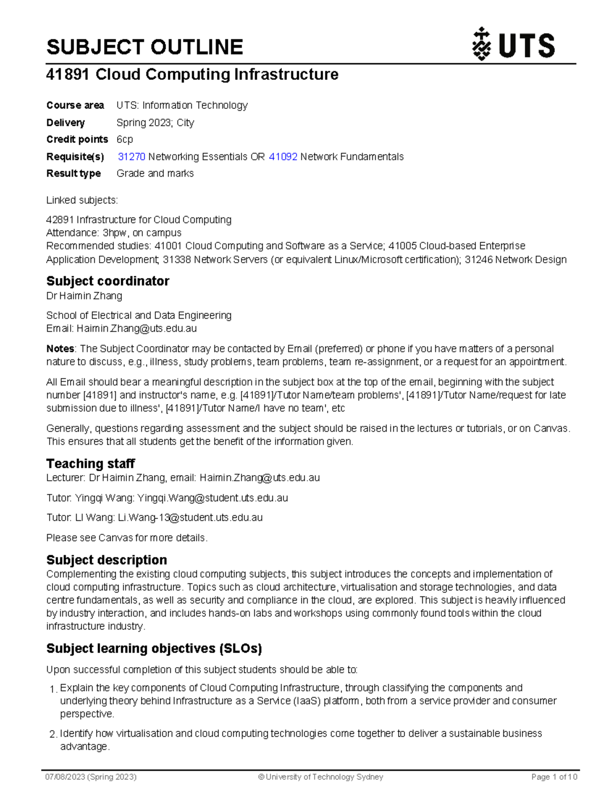 Subject Outline - SUBJECT OUTLINE 41891 Cloud Computing Infrastructure ...