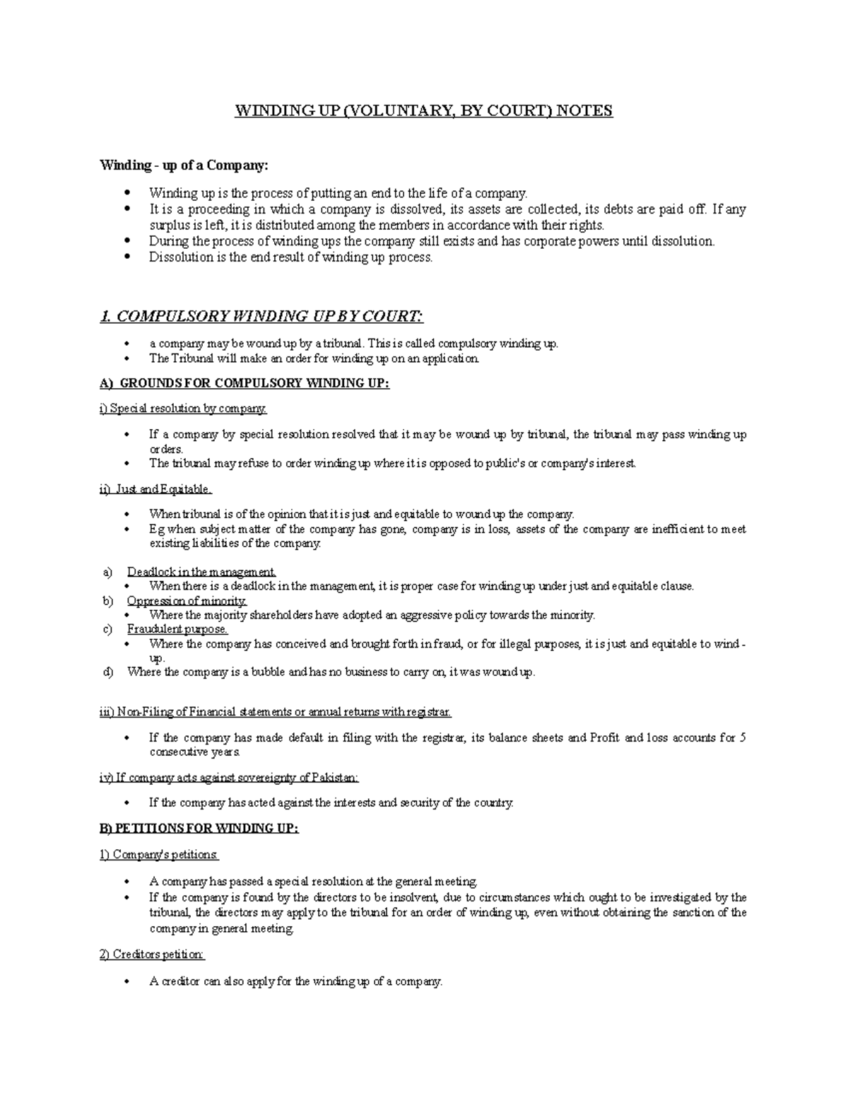 Winding up of Company Notes - WINDING UP (VOLUNTARY, BY COURT) NOTES ...