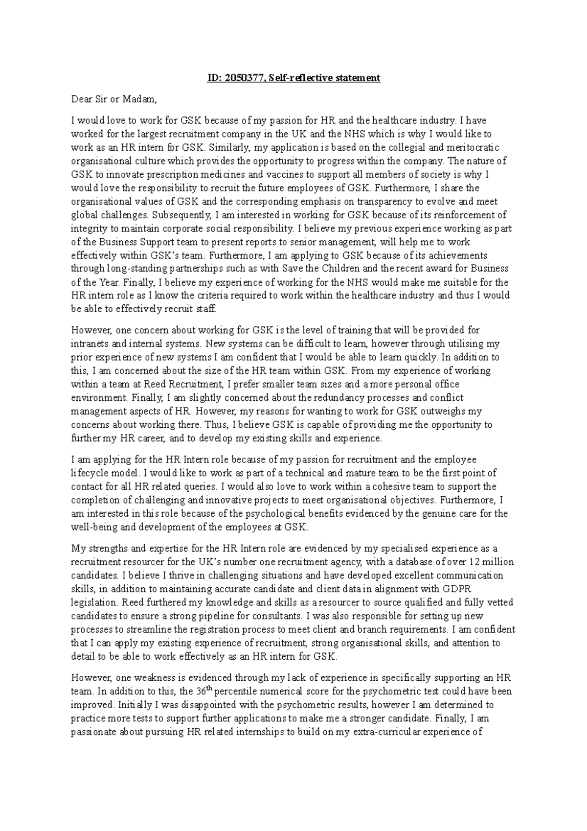 Part C Self-Reflective Statement - ID: 2050377, Self-reflective ...