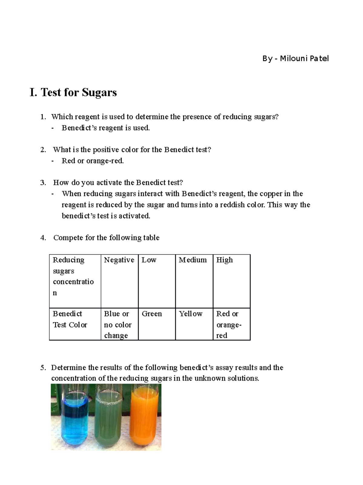 Lab 3 - Study Guide - By - Milouni Patel I. Test for Sugars 1. Which ...
