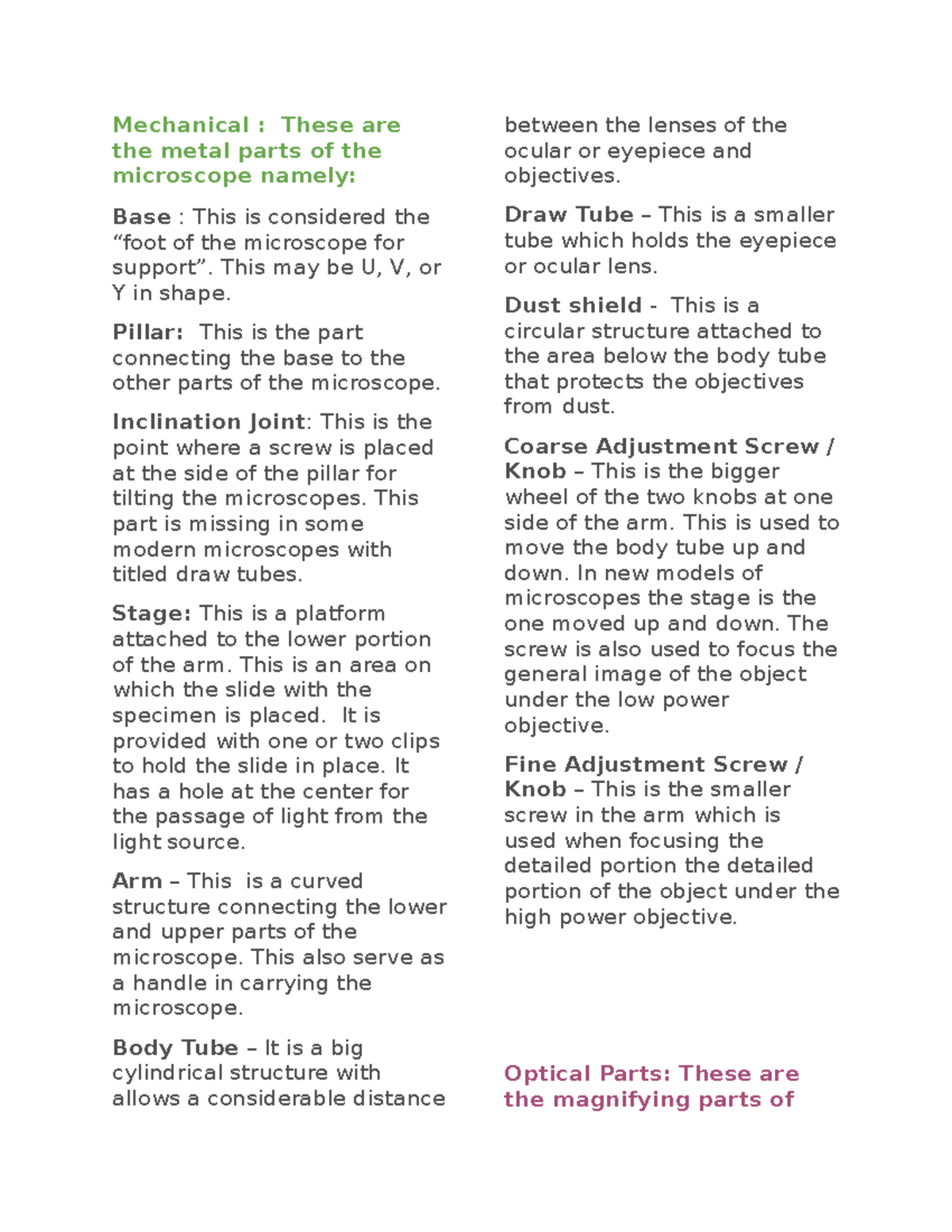 Parts-of-microscope - Lecture notes All Pages - Mechanical : These are ...