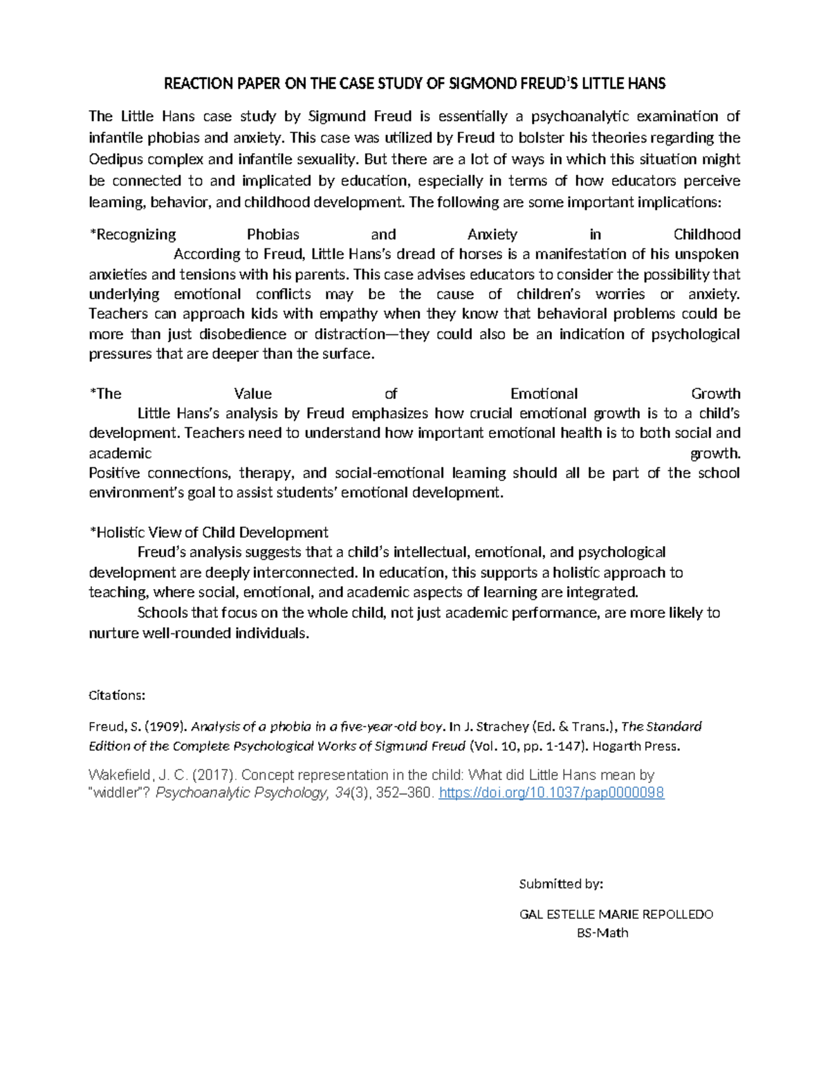 Reaction Paper ON THE CASE Study OF Sigmond Freud - REACTION PAPER ON THE CASE STUDY OF SIGMOND ...