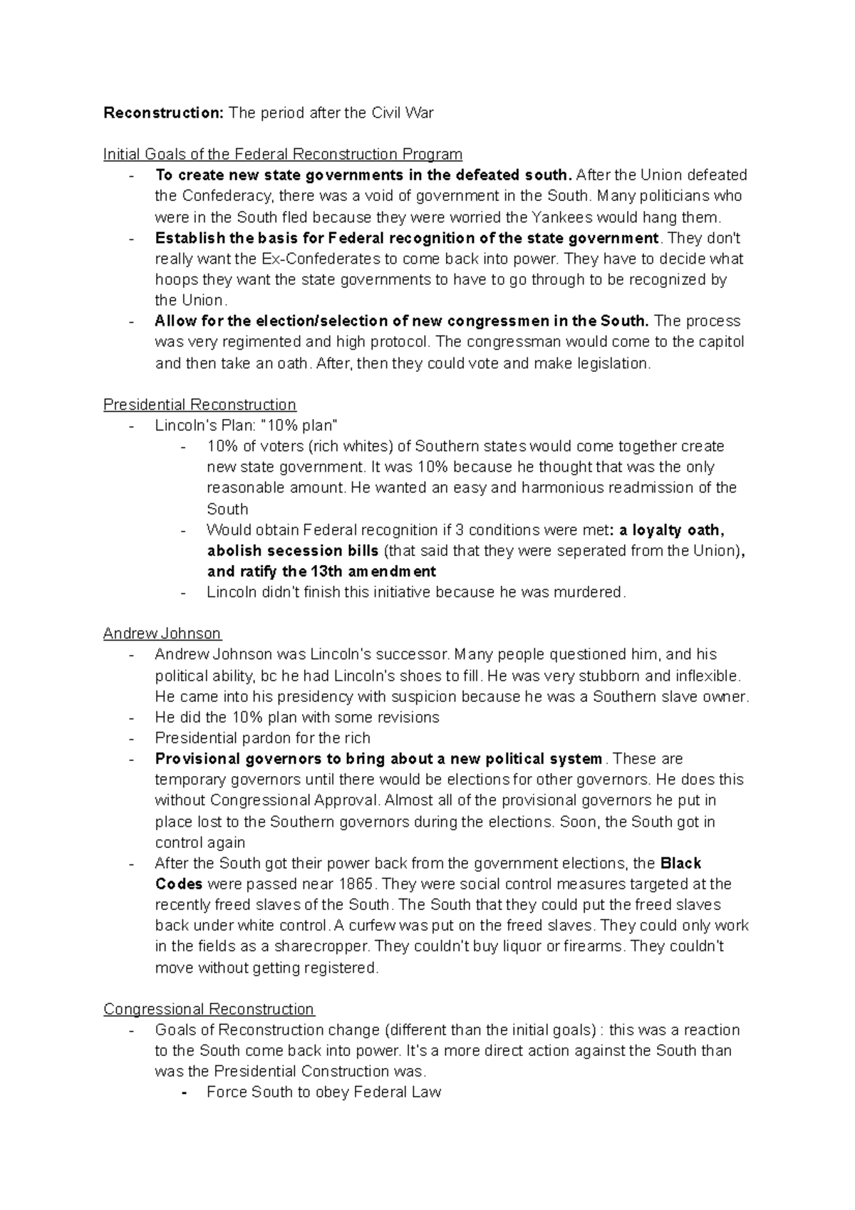 Reconstruction - Notes from lecture - Reconstruction: The period after ...