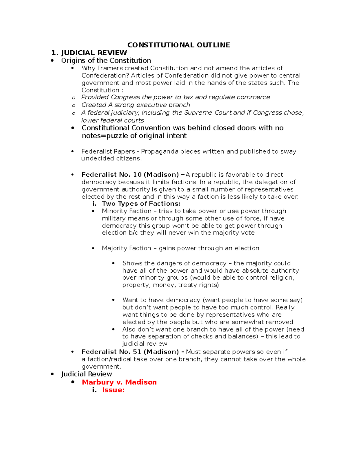 Lobel Con Law Spring 2020 - CONSTITUTIONAL OUTLINE 1. JUDICIAL REVIEW ...
