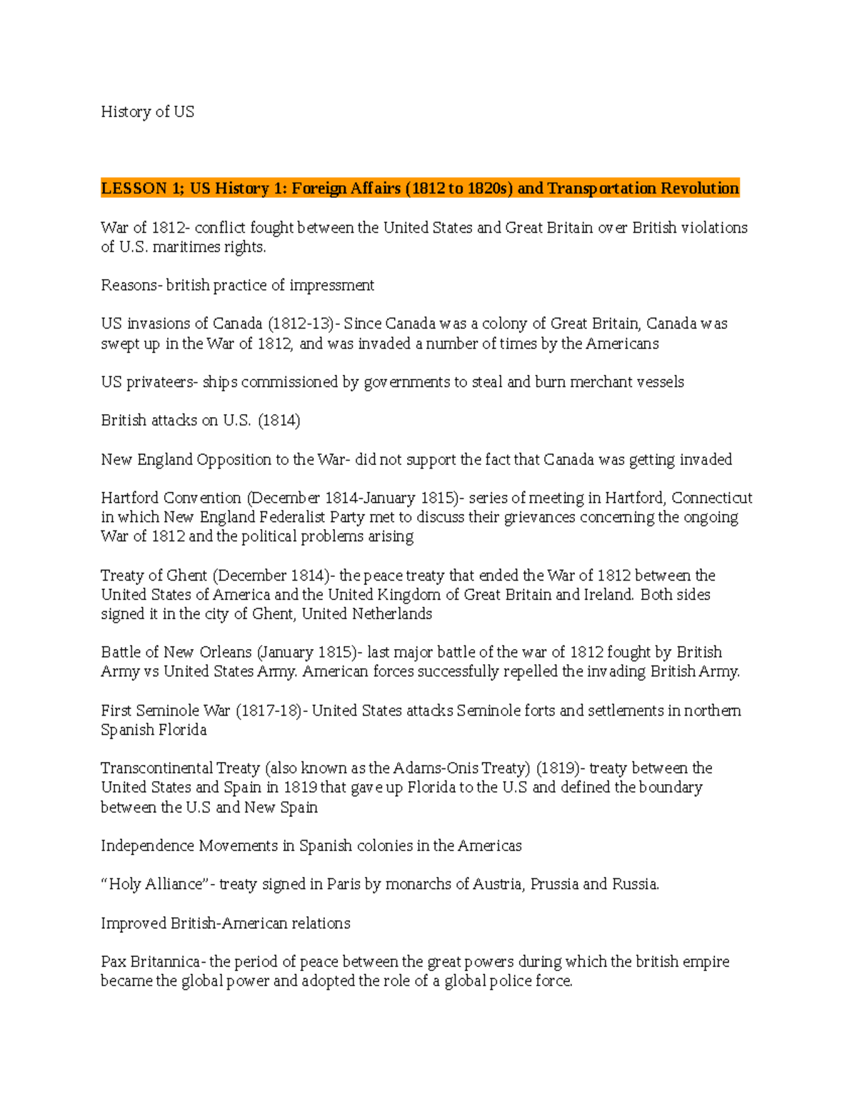 Historyof the U.Sca - Lecture notes 1-5 - History of US LESSON 1; US ...