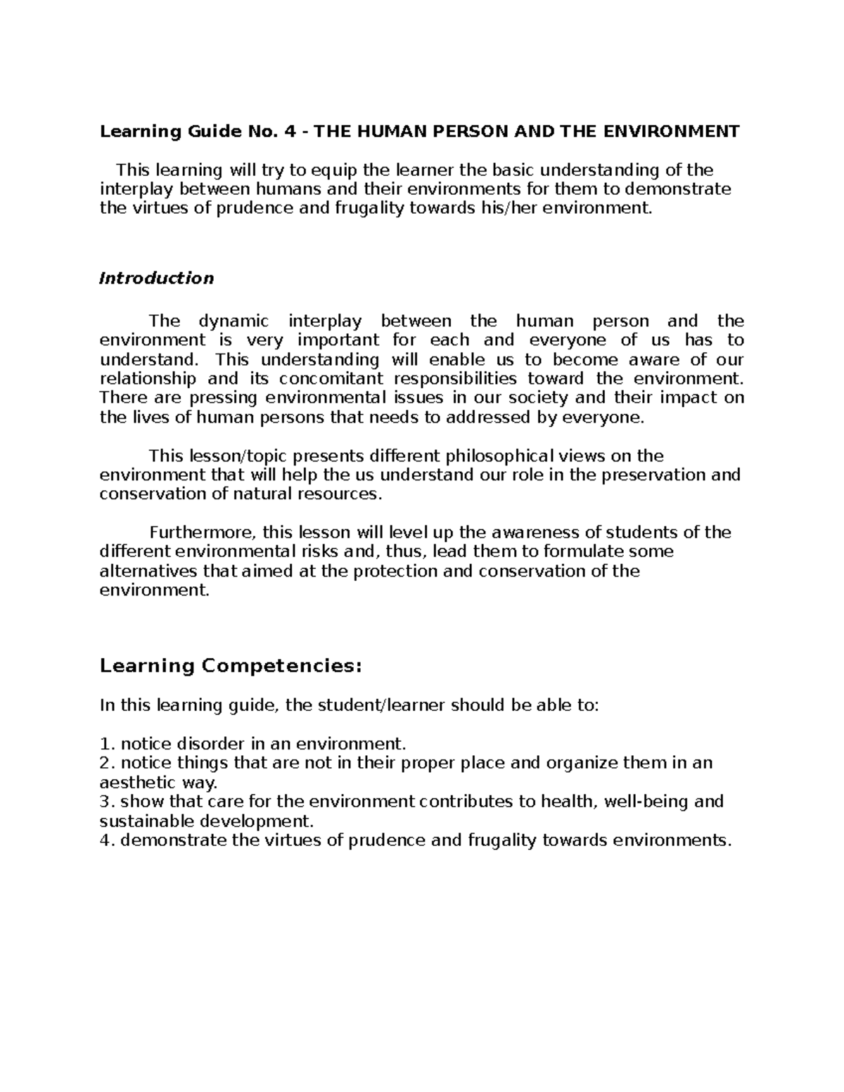 Learning Guide No. 4 - THE Human Person AND THE Environment - Learning ...