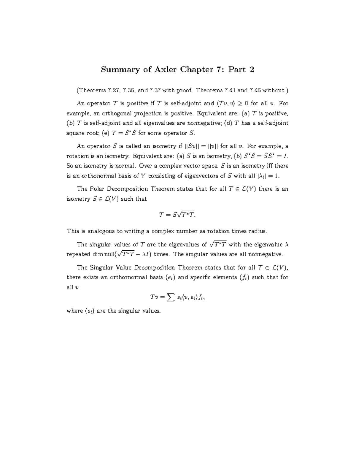 Samenvatting 4 - chapter 7 part 2 - Summary of Axler Chapter 7: Part 2 ...
