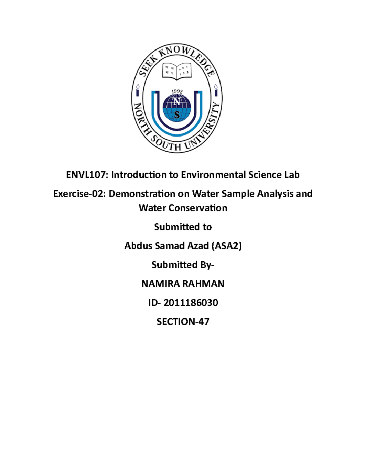 Env, lab water - Important - ENVL107: Introduction to Environmental ...