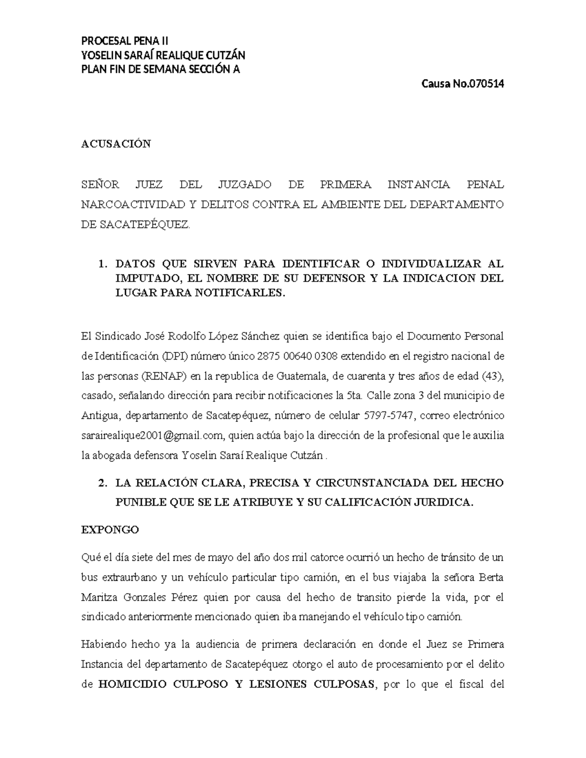 Acusación 07-08-22 Saraí Realique - PROCESAL PENA II YOSELIN SARAÍ ...