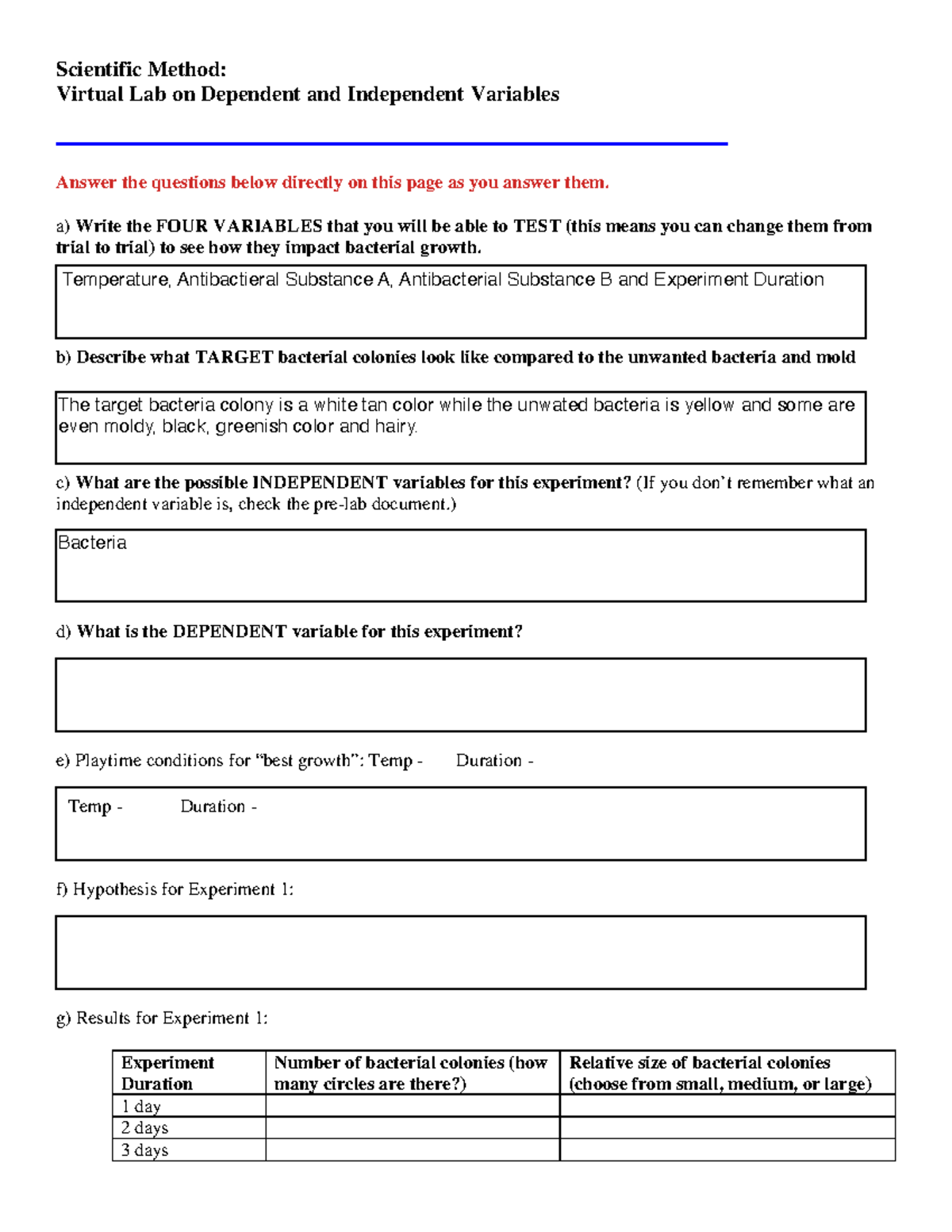 Sci Method worksheet - Scientific Method: Virtual Lab on Dependent and ...