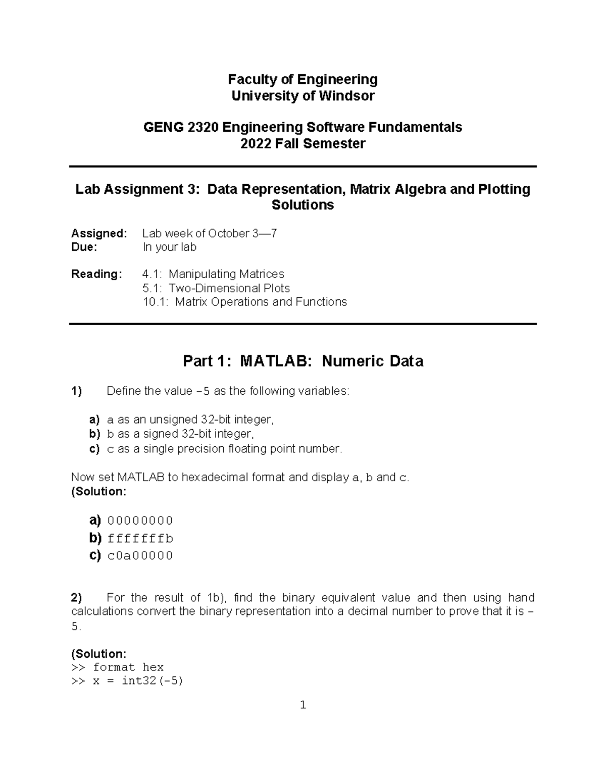 Lab Assignment 03 Solution - Faculty of Engineering University of Windsor GENG 2320 Engineering ...