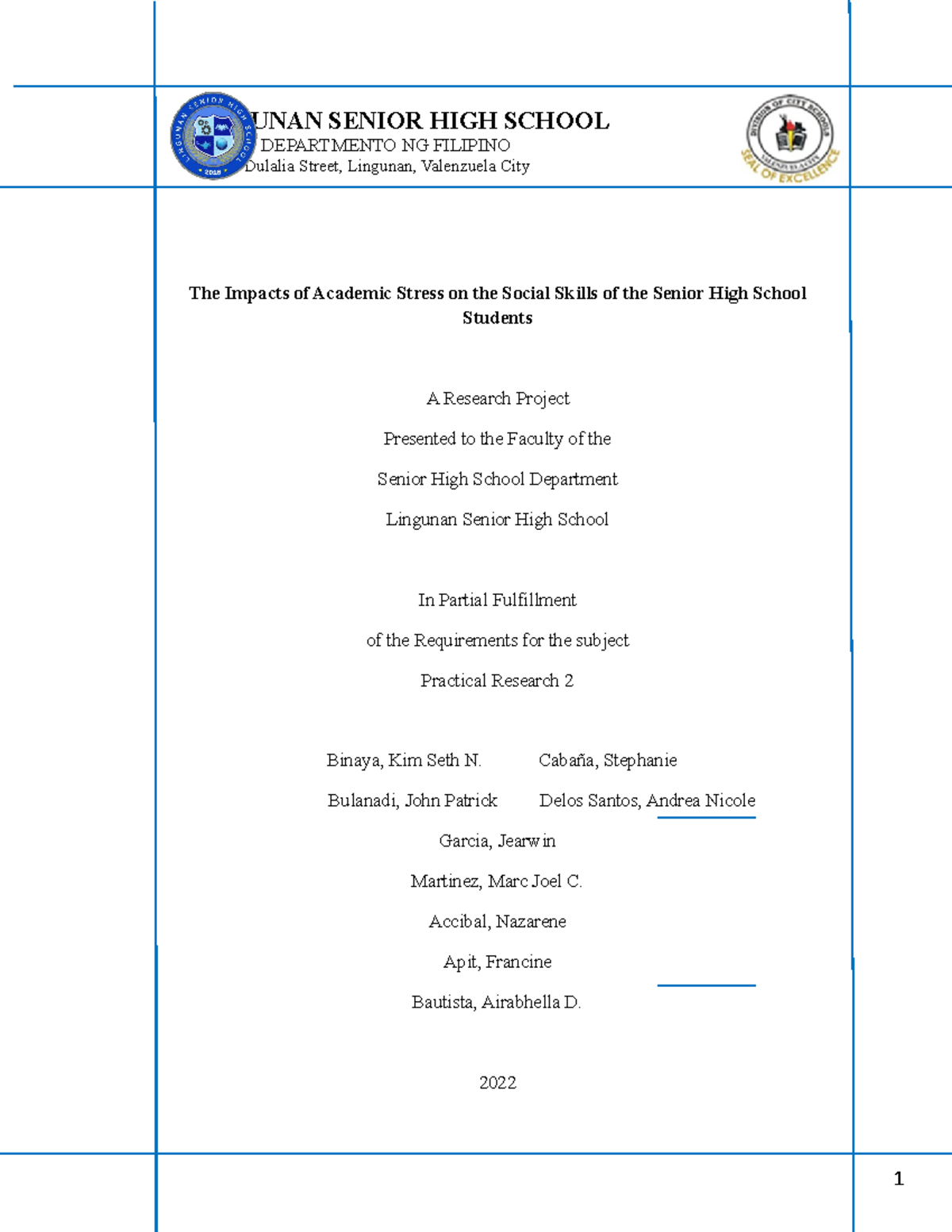 ABM 1 GR 5 Bautista C1 - DEPARTMENTO NG FILIPINO F. Dulalia Street, Lingunan, Valenzuela City ...