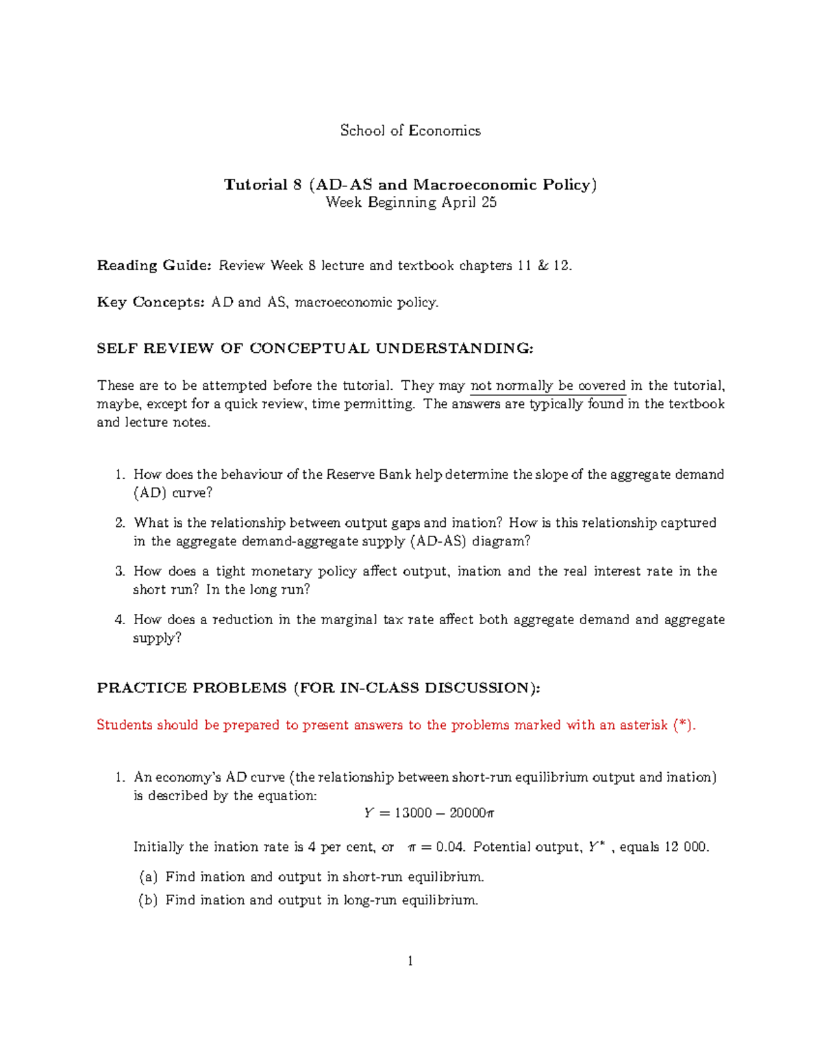 Tut8 - econ1002 tutorial work tutorial 8 question - Reading Guide:Review Week 8 lecture and ...