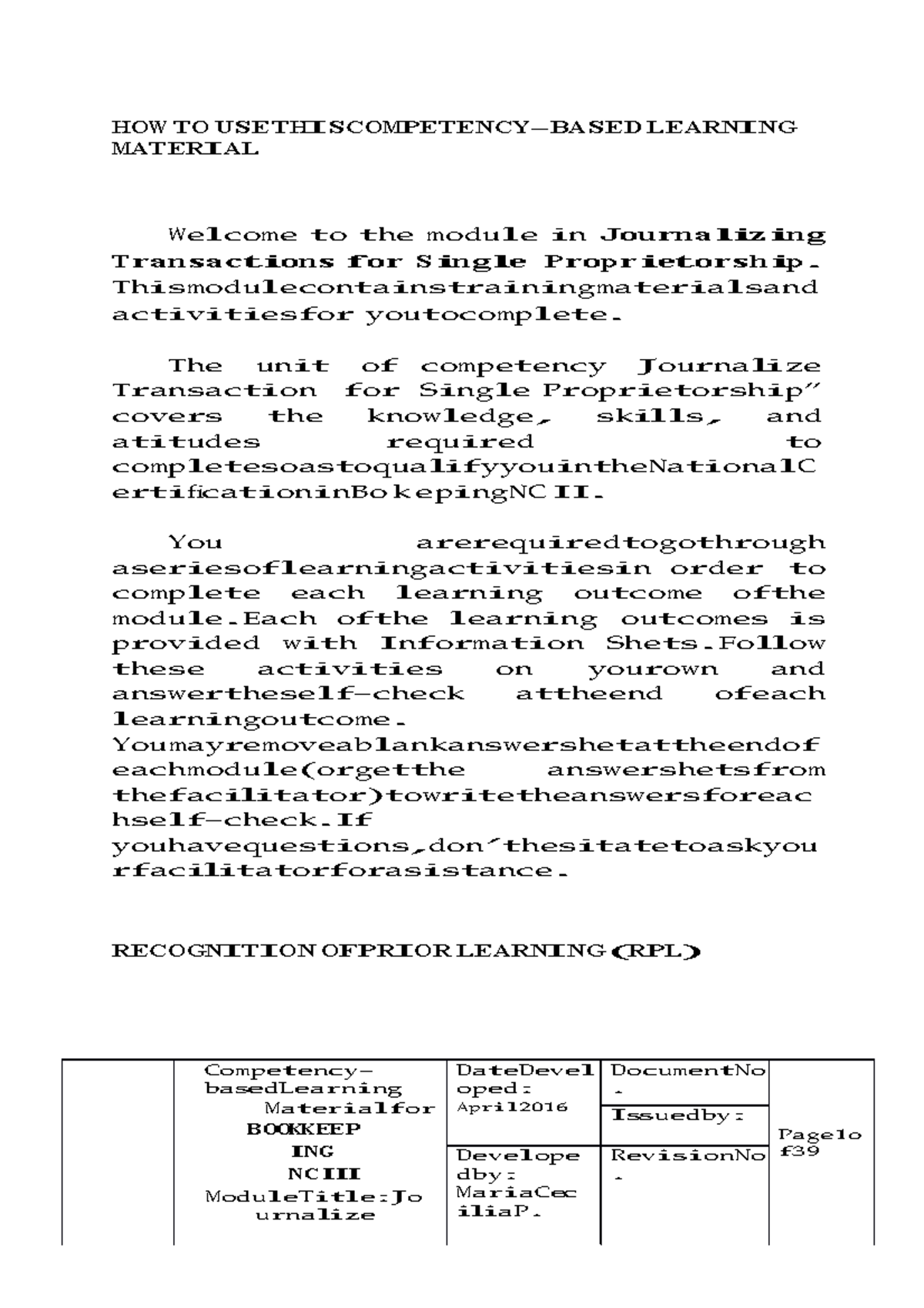 Cblm-bookkeeping NC III Migrated Program by TESDA - Competency ...