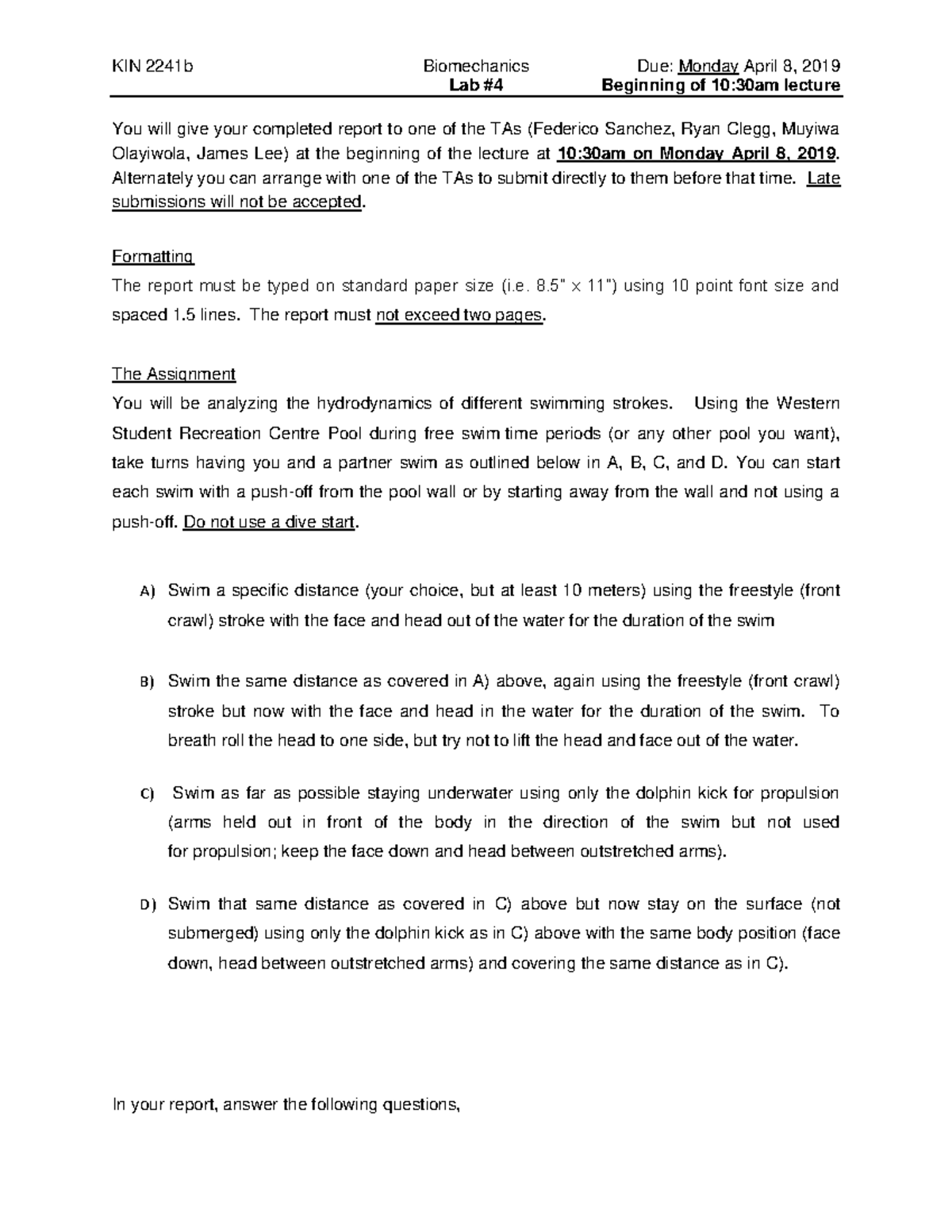 KIN 2241 b lab 4 solutions - Warning: TT: undefined function: 32 KIN 2241b Biomechanics Due ...