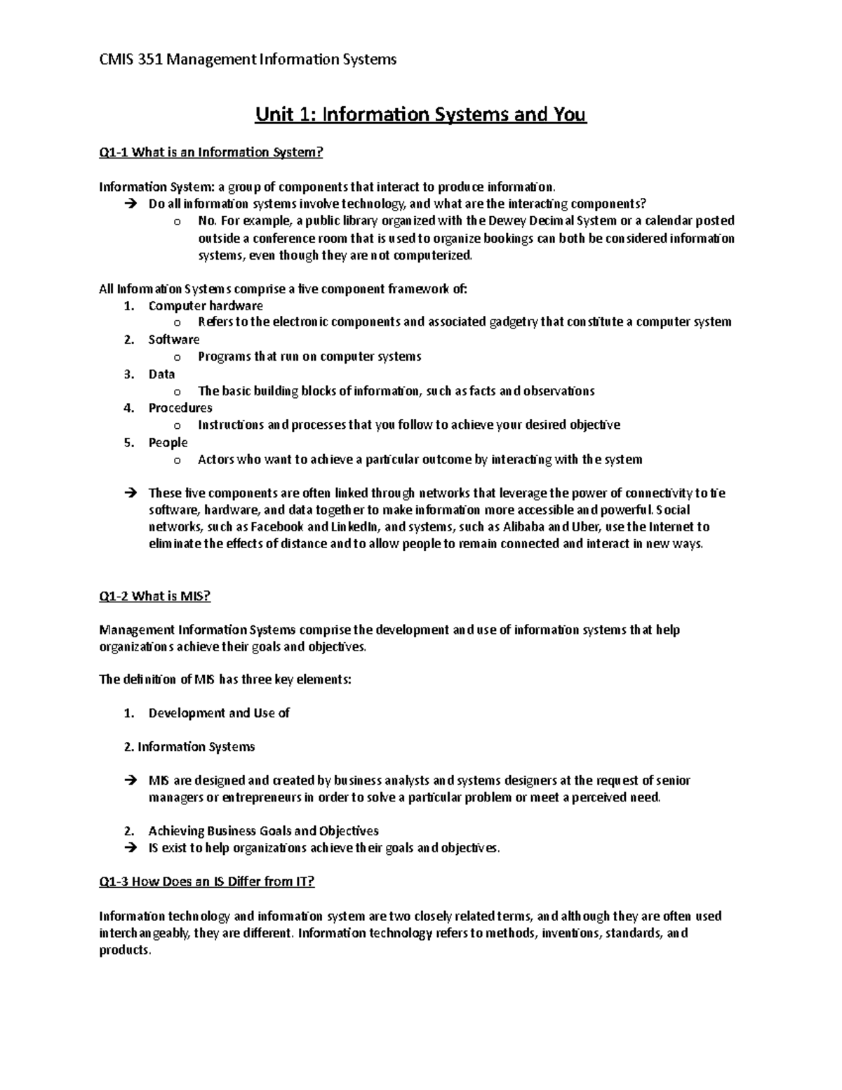 Lesson 1 CMIS 351 - Notes on Chapter 1 in the textbook. - CMIS 351 ...