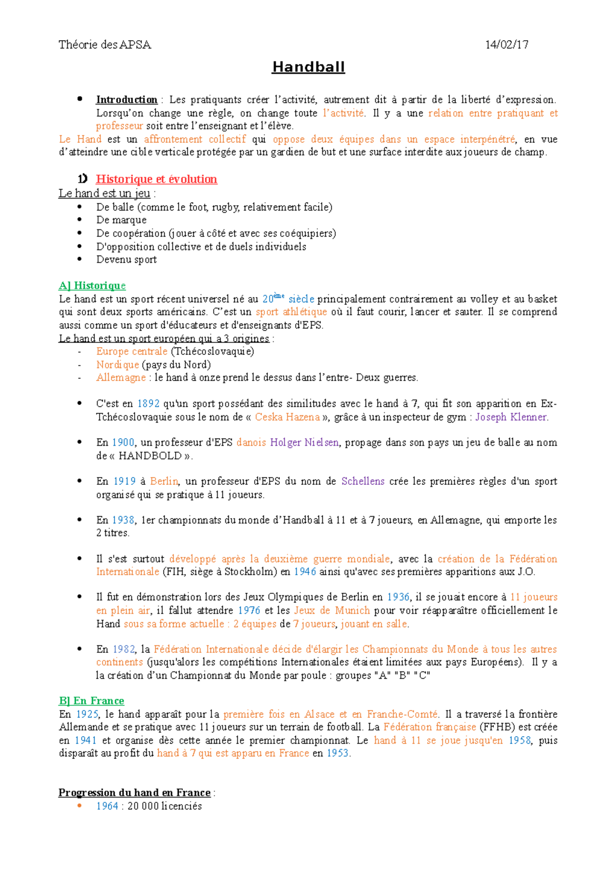 3- Handball - notes de cours - Handball Introduction : Les pratiquants ...