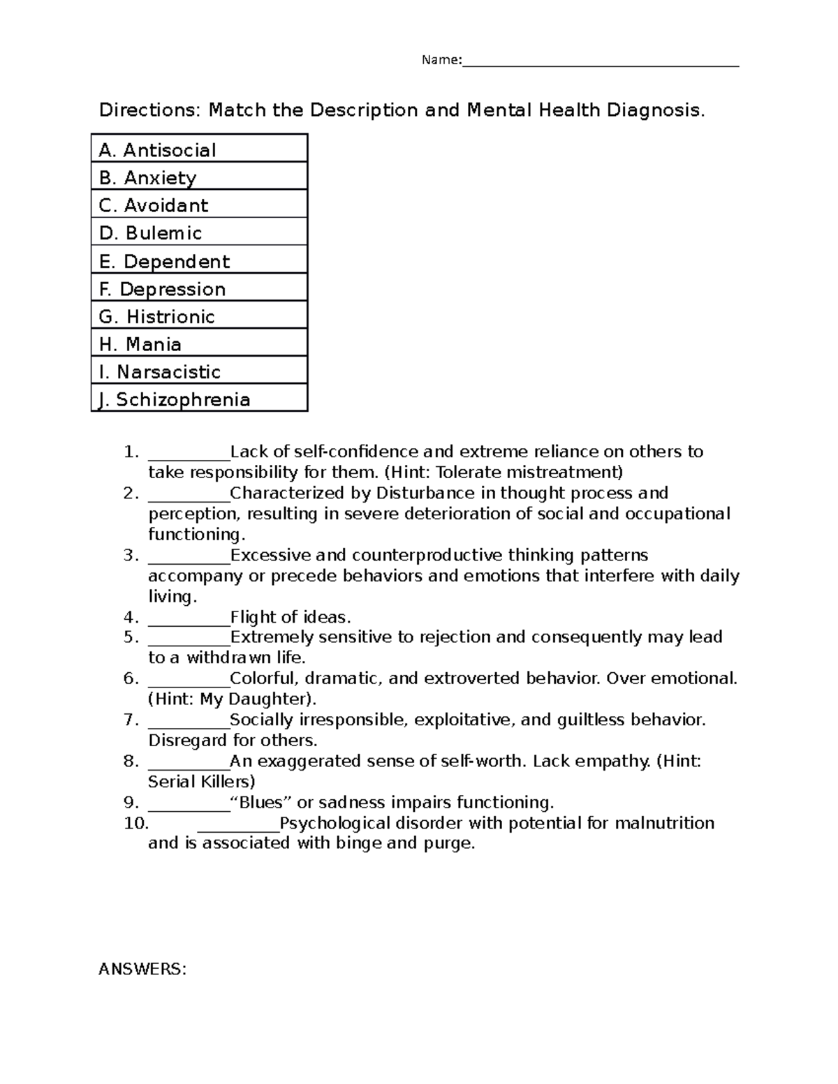 Quiz #5 Mental Health Answer KEY - Name ...