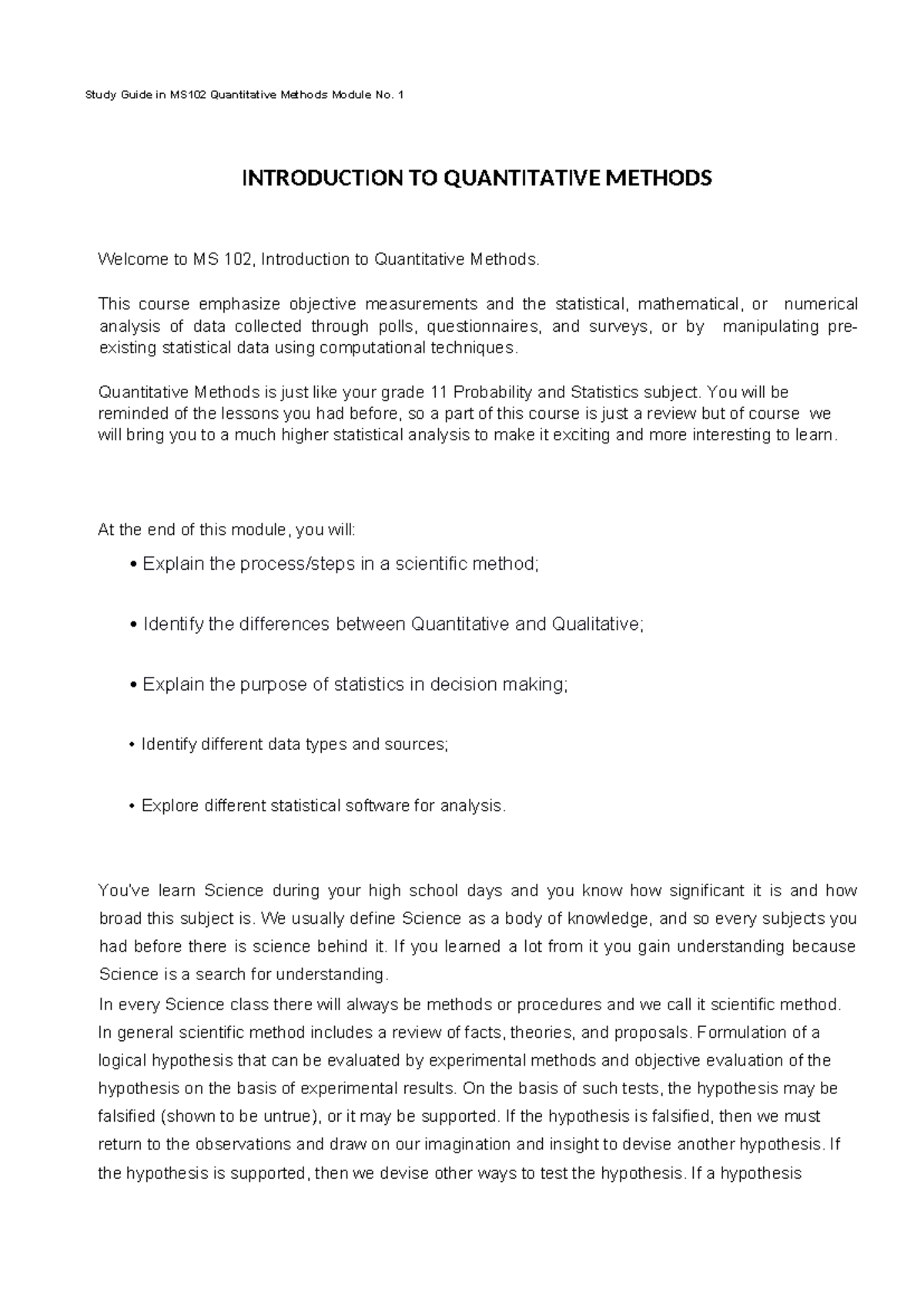 Quantitative Methods(Module 1) - FM-AA-CIA-15 Rev. 0 10-July- Study Guide in MS102 Quantitative ...