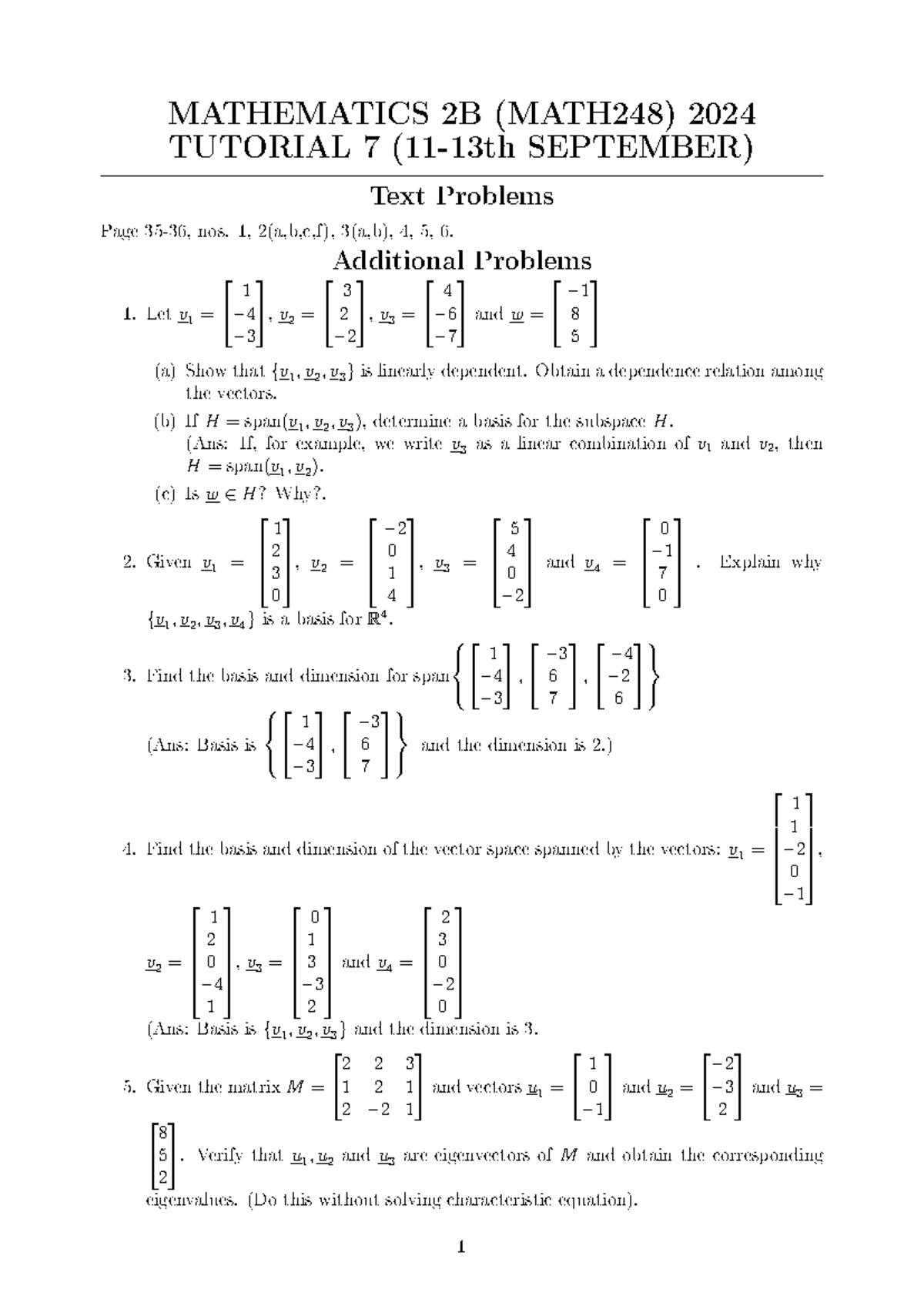Tutorial 7 - MATHEMATICS 2B (MATH248) 2024 TUTORIAL 7 (11-13th ...