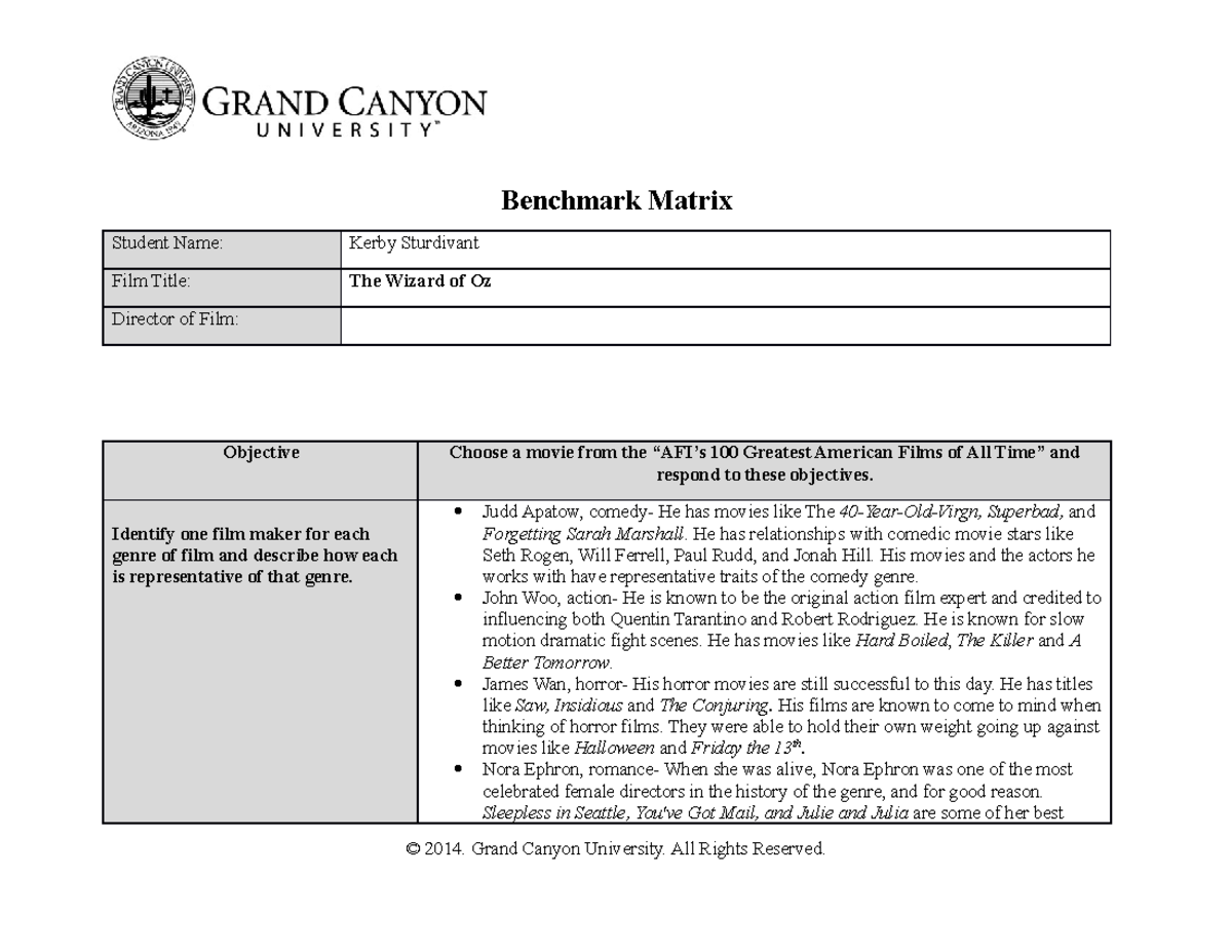 Benchmark matrix - Benchmark Matrix Student Name: Kerby Sturdivant Film ...