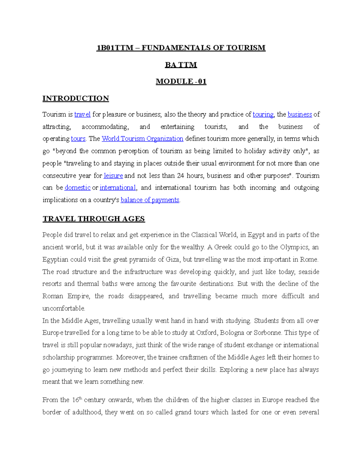 1B01TTM - Module 01 - lecture note - 1B01TTM – FUNDAMENTALS OF TOURISM ...
