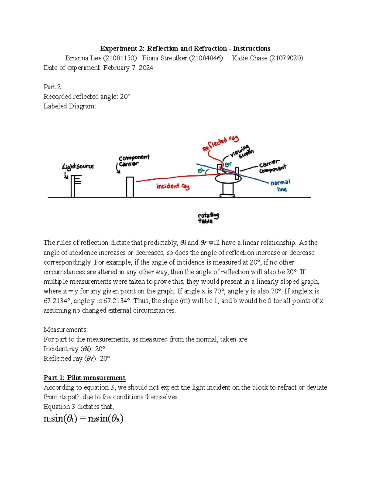Phys 112 Lab 2 - Lab 2 - Experiment 2: Reflection and Refraction ...