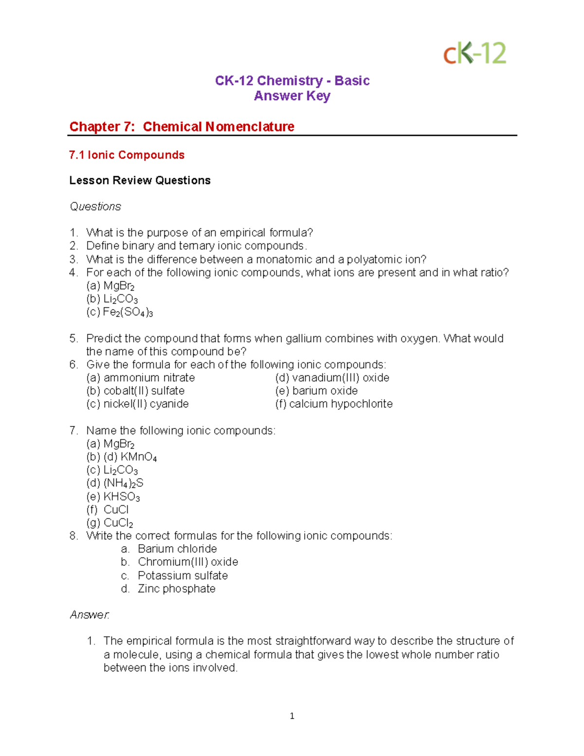 Chem Basic FB Answer Key Ch 07 (06 - CK- 12 Chemistry - Basic Answer ...