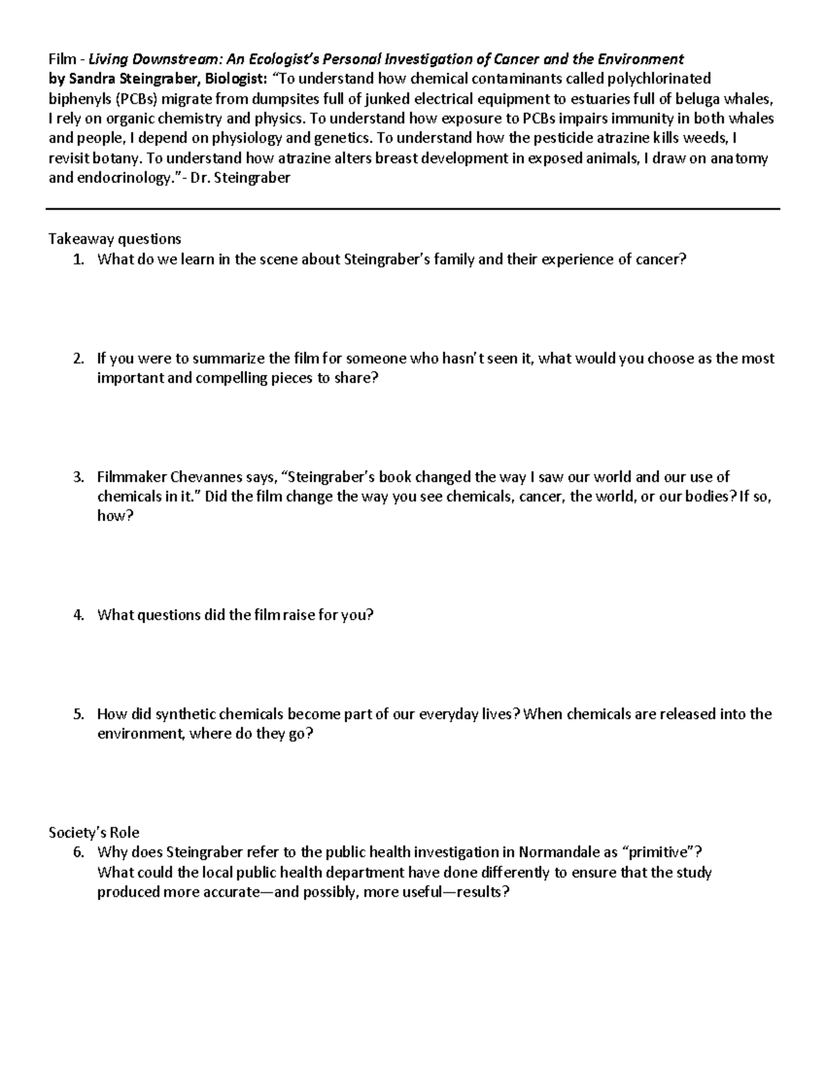 11 Living Downstream Handout-1 - Film - Living Downstream: An Ecologist ...