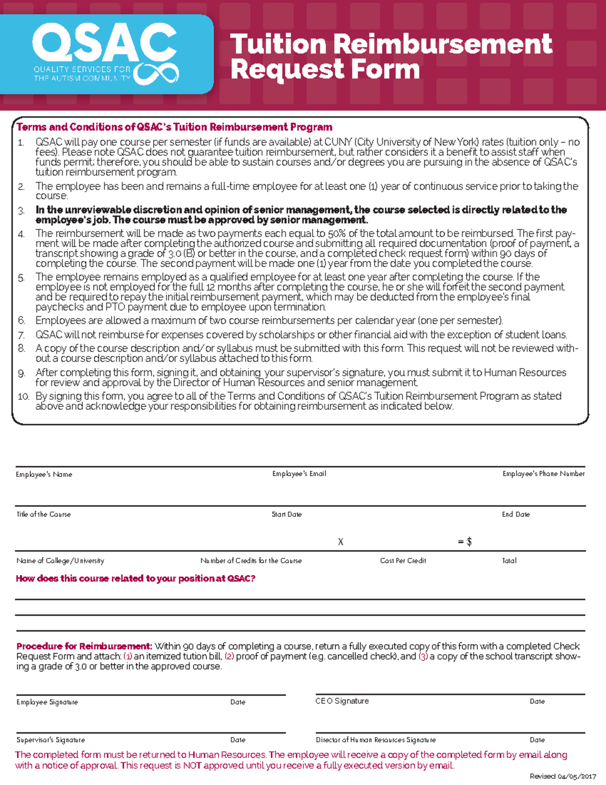 Tuition Reimbursement - Tuition Reimbursement Request Form 1. QSAC will ...