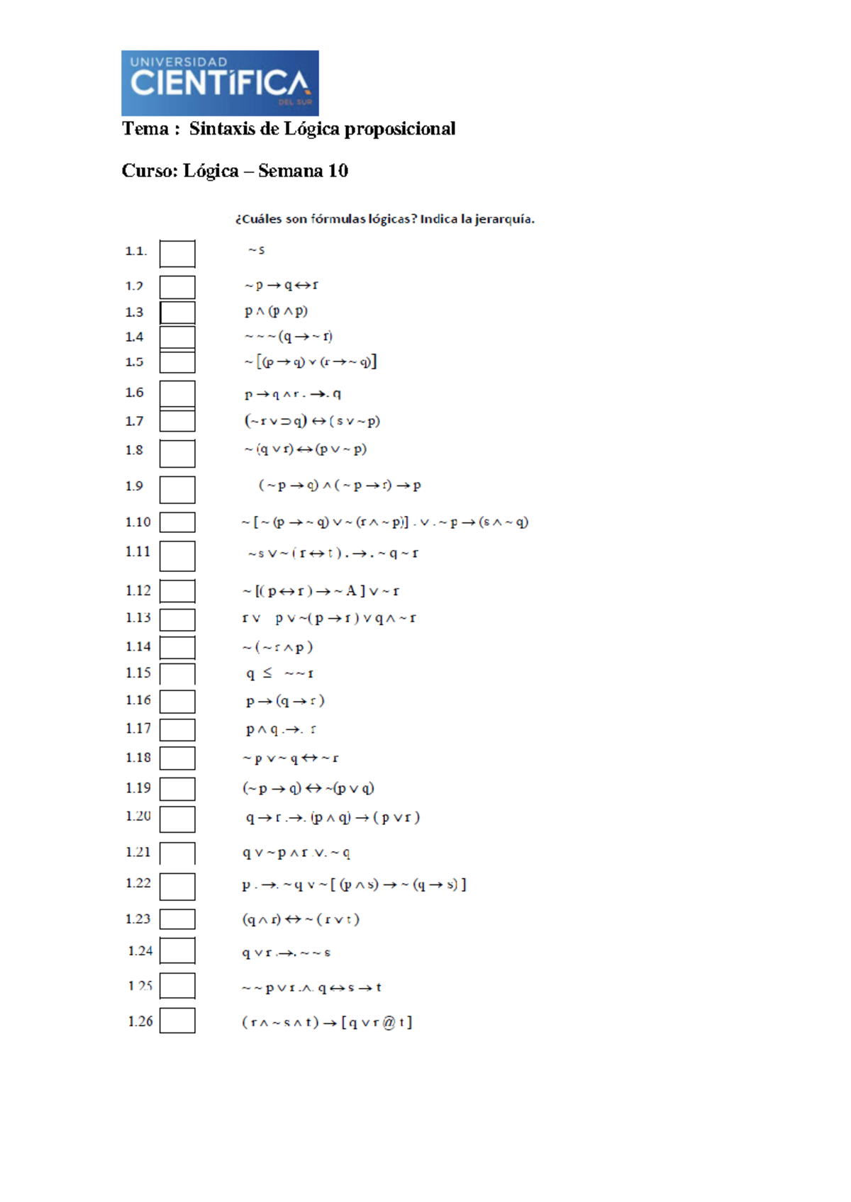 Taller Semana 10 - Logica - Tema : Sintaxis de Lógica proposicional ...