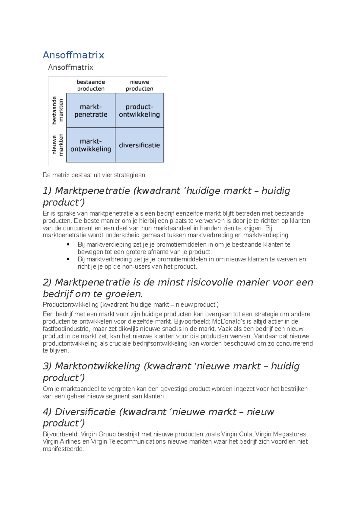 Verschillende strategische modellen - Ansofmatrix De matrix bestaat uit ...